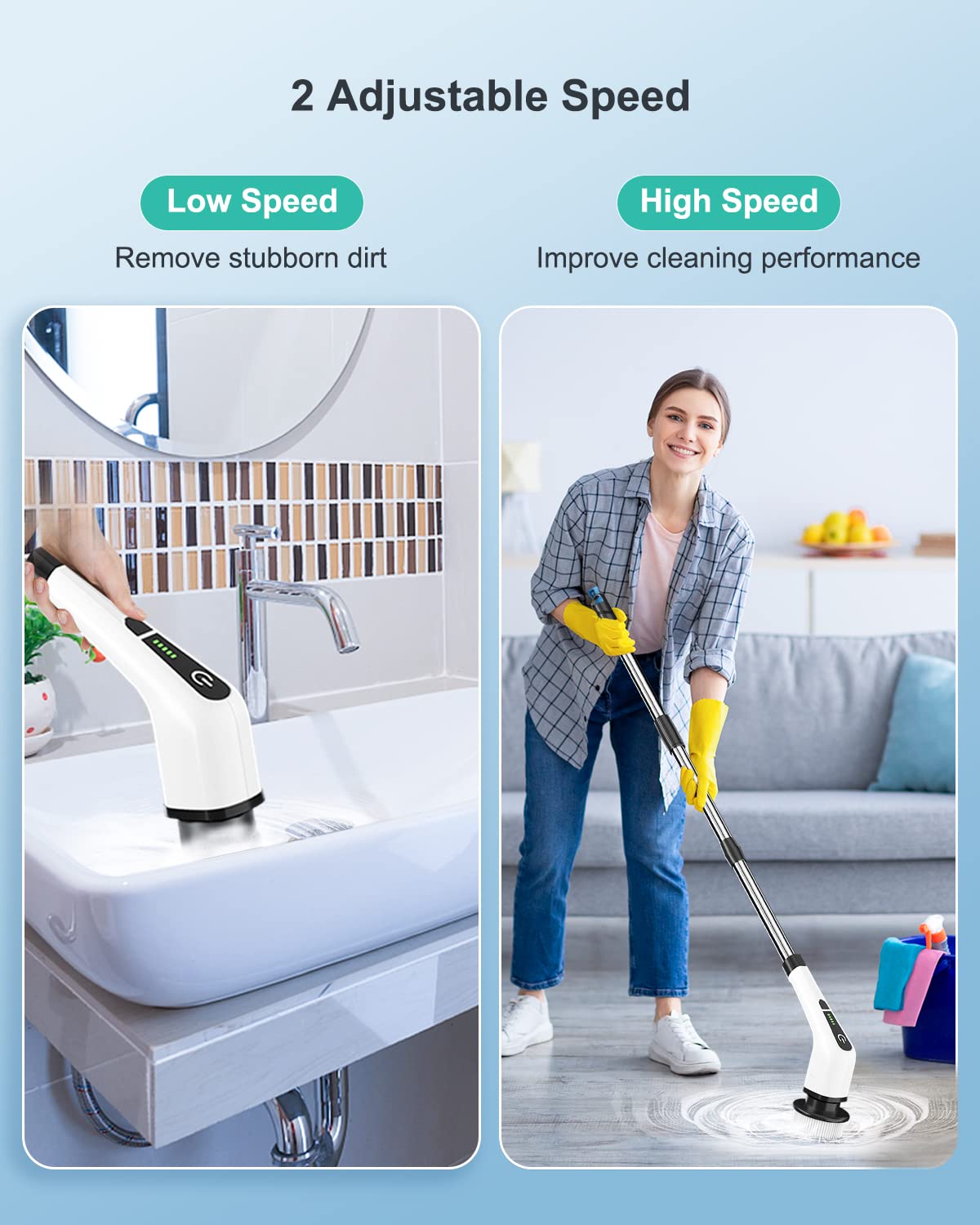 Vaxeple Electric Spin Scrubber, Cordless Cleaning Brush with 54" Adjustable Long Handle and 8 Replaceable Brush Heads, 2 Working Speed Shower Scrubber