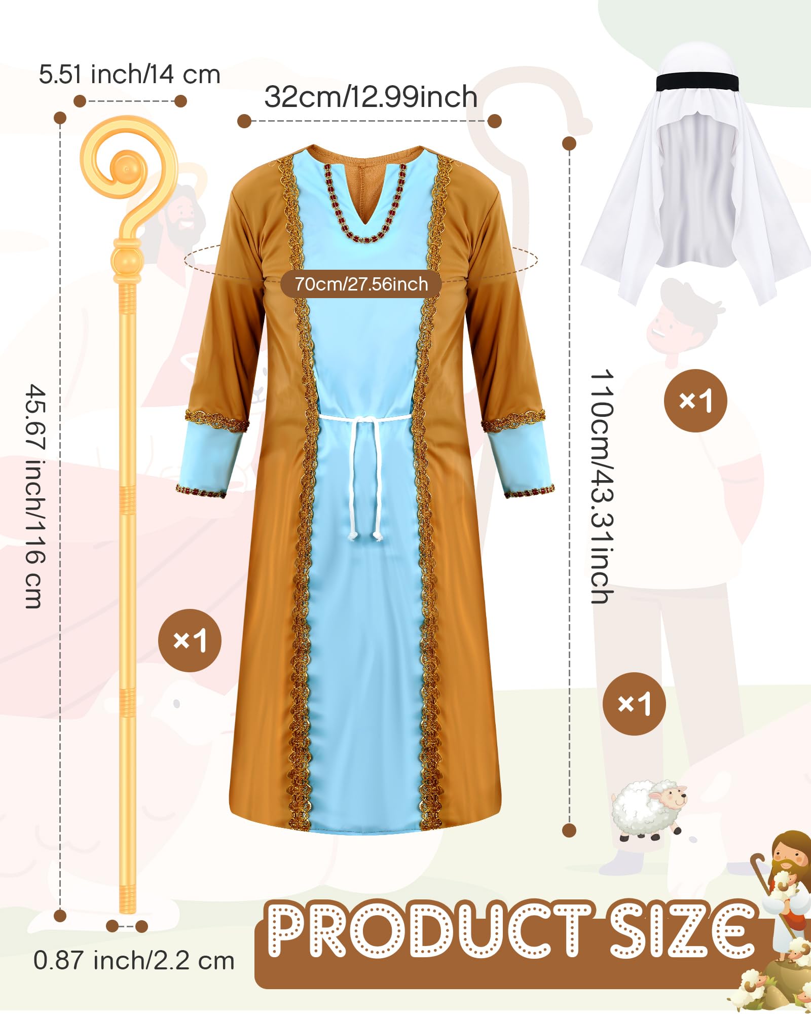 Vabean 3 Pcs Virgin Mary Costume Jesus Biblical Costume First Communion Costume Halloween Shepherd Costume(Classic, XL)