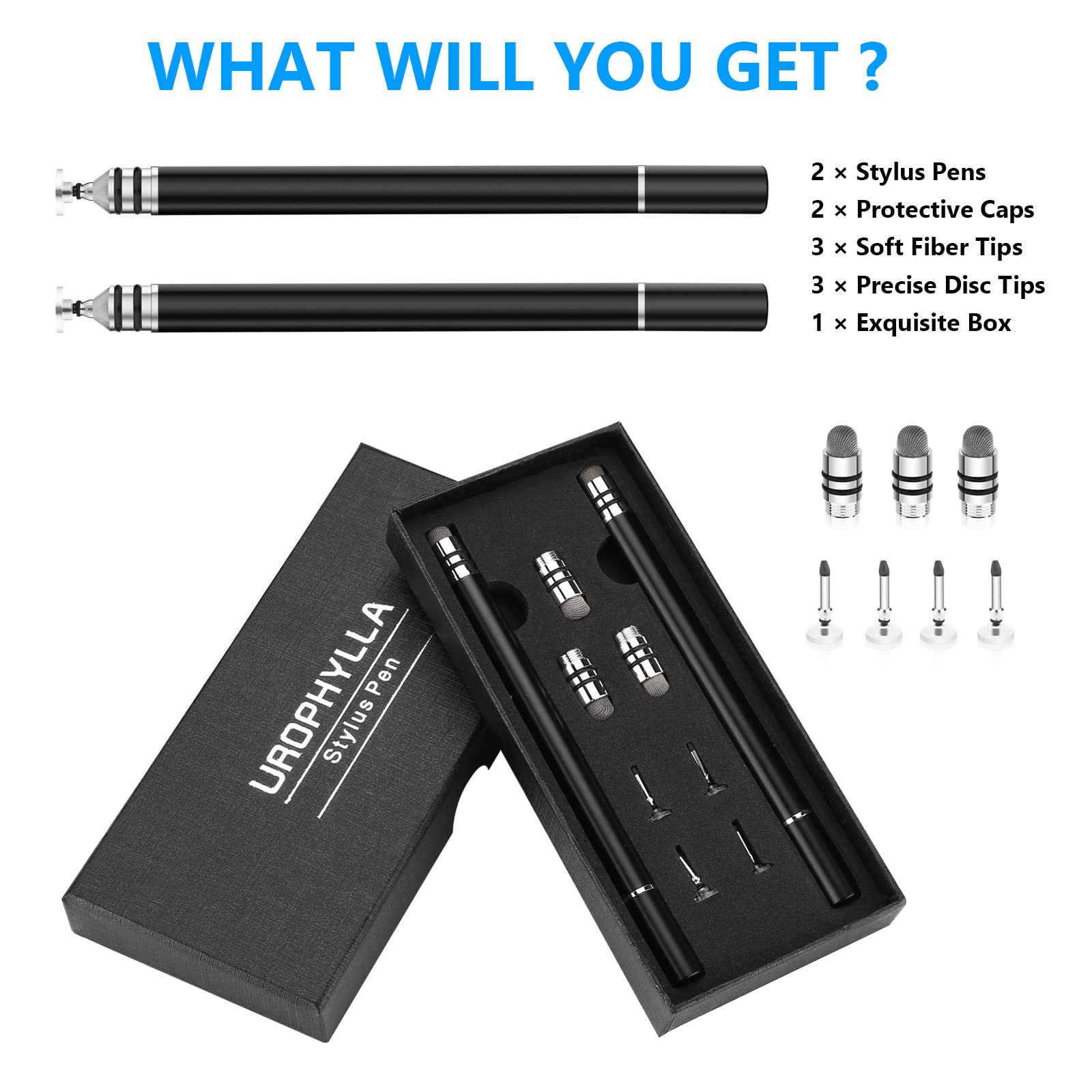Stylus Pens for Touch Screens, UROPHYLLA Fine Point Stylus Touch Screen Capacitive Stylus Pens for iPad, iPhone, Tablet, Laptops and All Capacitive Touch Screens with 7 Replacement Tips - Black/Black