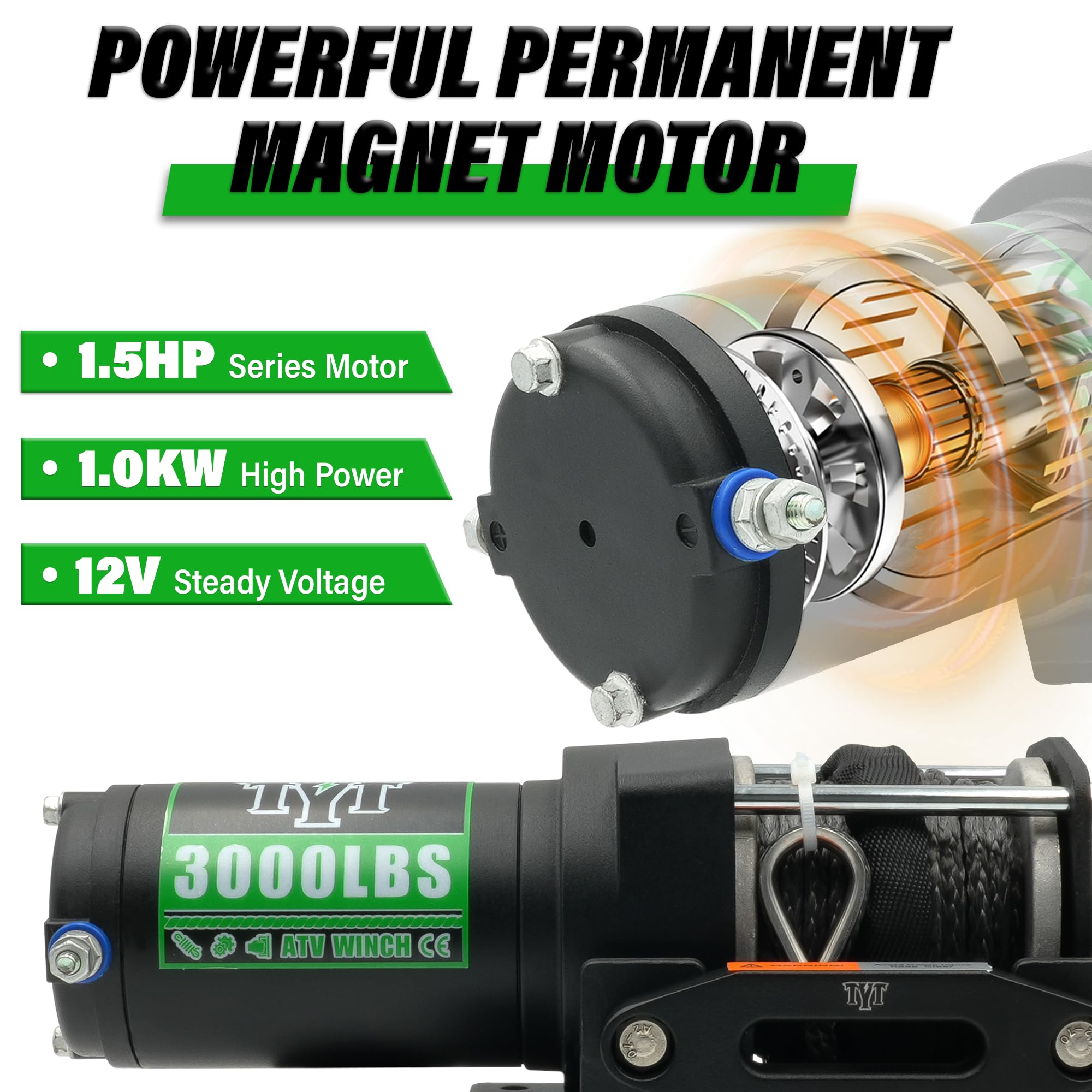 TYT 2000 lb. ATV/UTV Winch with Synthetic Rope Kits, 12V Winch for Towing, Boat, Off-Road, Waterproof Winch with Winch Mounting Plate and Wired Remote