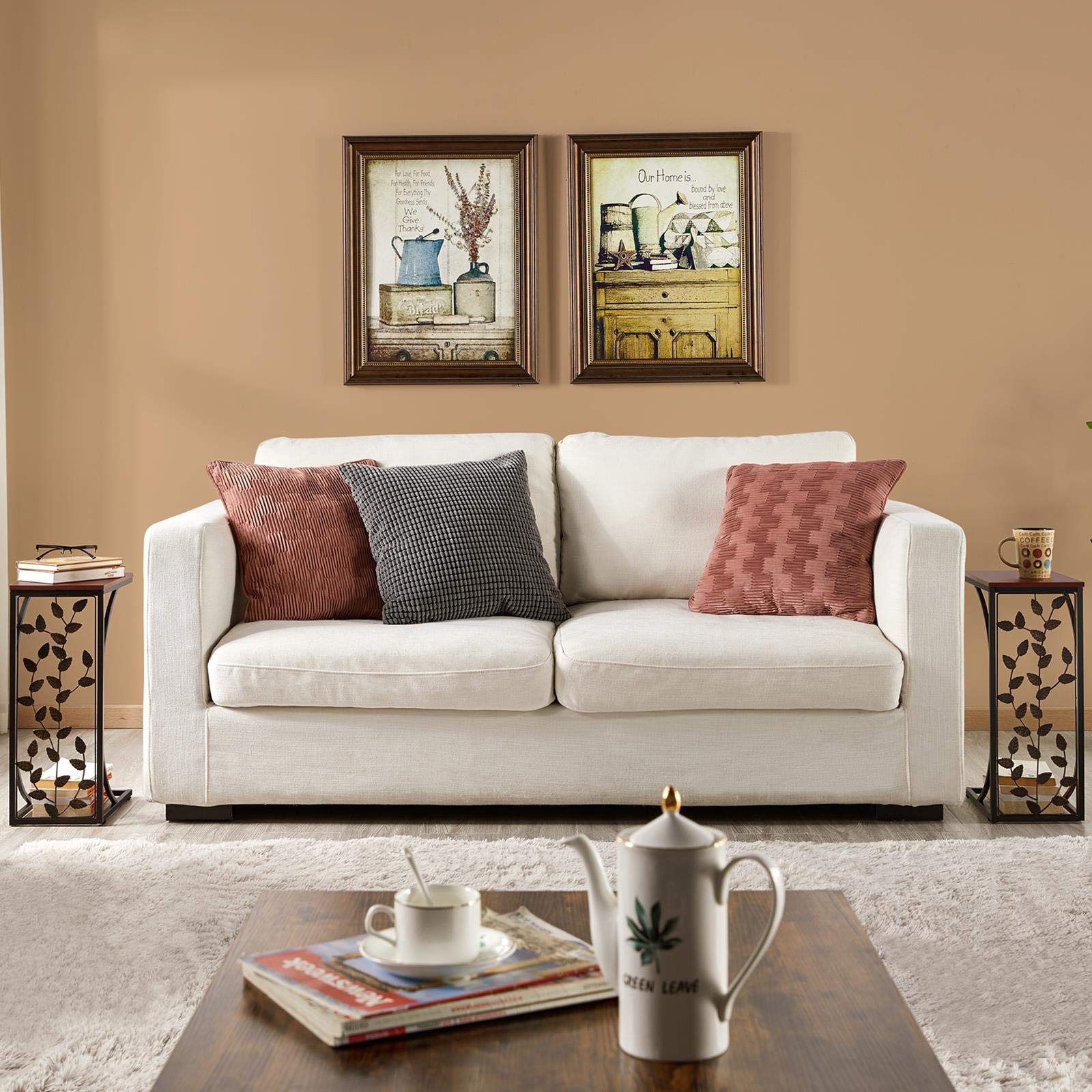Yaheetech C Shaped End Table Set of 2 Sofa Side Tables for Living Room, Couch Tables Small Coffee Tray Snack Tables Slide Under Sofa with Elegant Leaf Design, Bronze Metal Frame and Wooden Tabletop