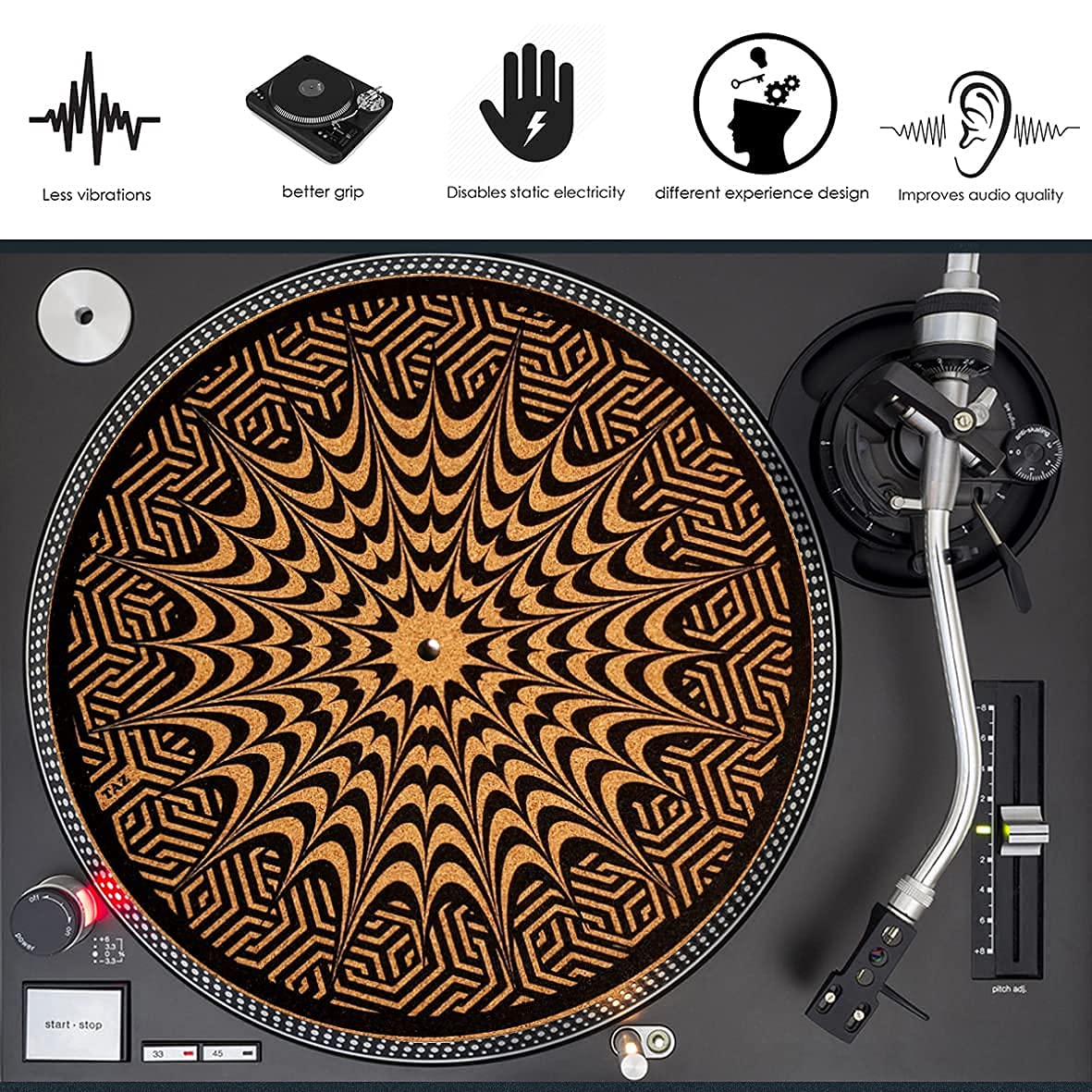 TazStudio Premium slipmat - Cork Turntable Mat [4mm Thick] for Better Sound Support on Vinyl LP Record Player - Cork mat Original Art Design - Psychedelic Geometric Mix Pattern Art-m1