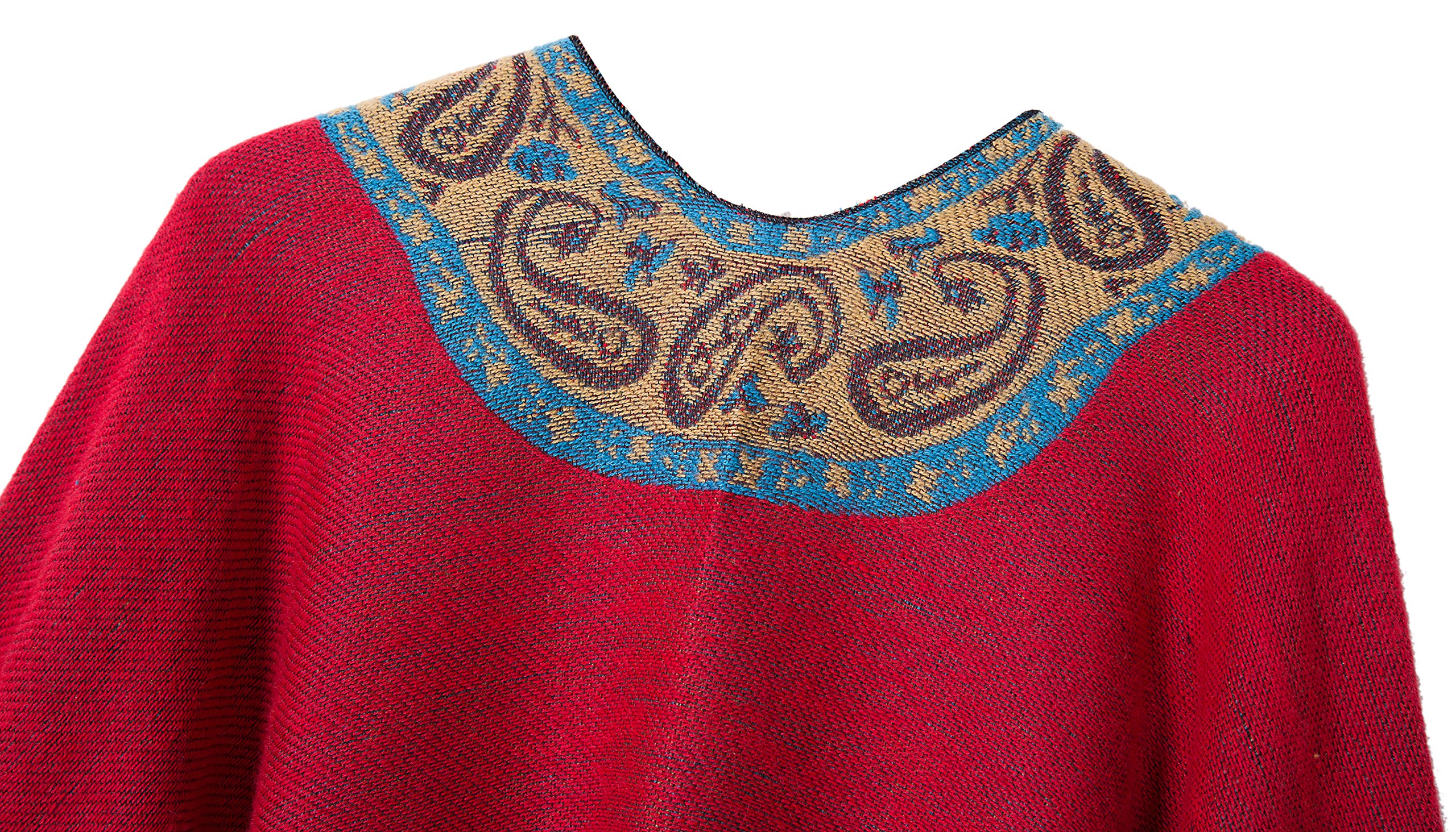 Urban CoCo Women's Printed Tassel Open front Poncho Cape Cardigan Wrap Shawl (Red)