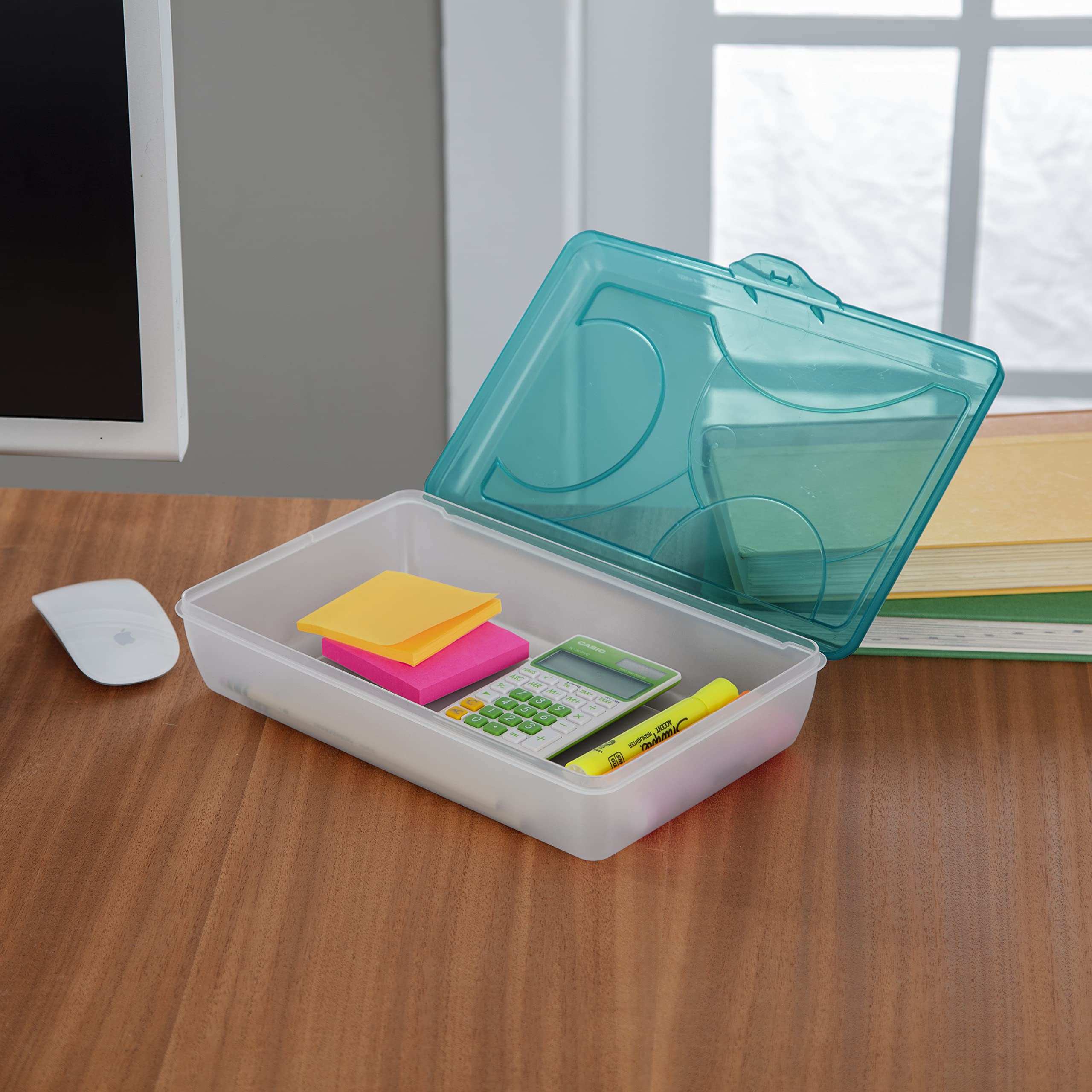 Sterilite Supply Box, Stackable Plastic Small Storage Container with Lid, Organize Pens, Pencils, and Small Items, Molokai Blue Tint Case, 6-Pack