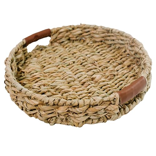 Summit Living Handwoven Round Rattan Tray with Leather Handles ā Use as Home Decor or Vegetable and Fruit Organizer Tray ā Water Hyacinth Circular Wicker Tray (14" x 14")