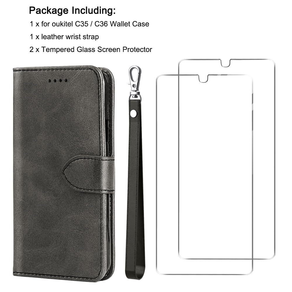 TTYSHTT for oukitel C35/C36 Case and Tempered Glass Screen Protector, PU Leather Flip Cover Wallet Phone Case Protector [Full Protection] [Card Slots] [Kickstand] for oukitel C36, Black