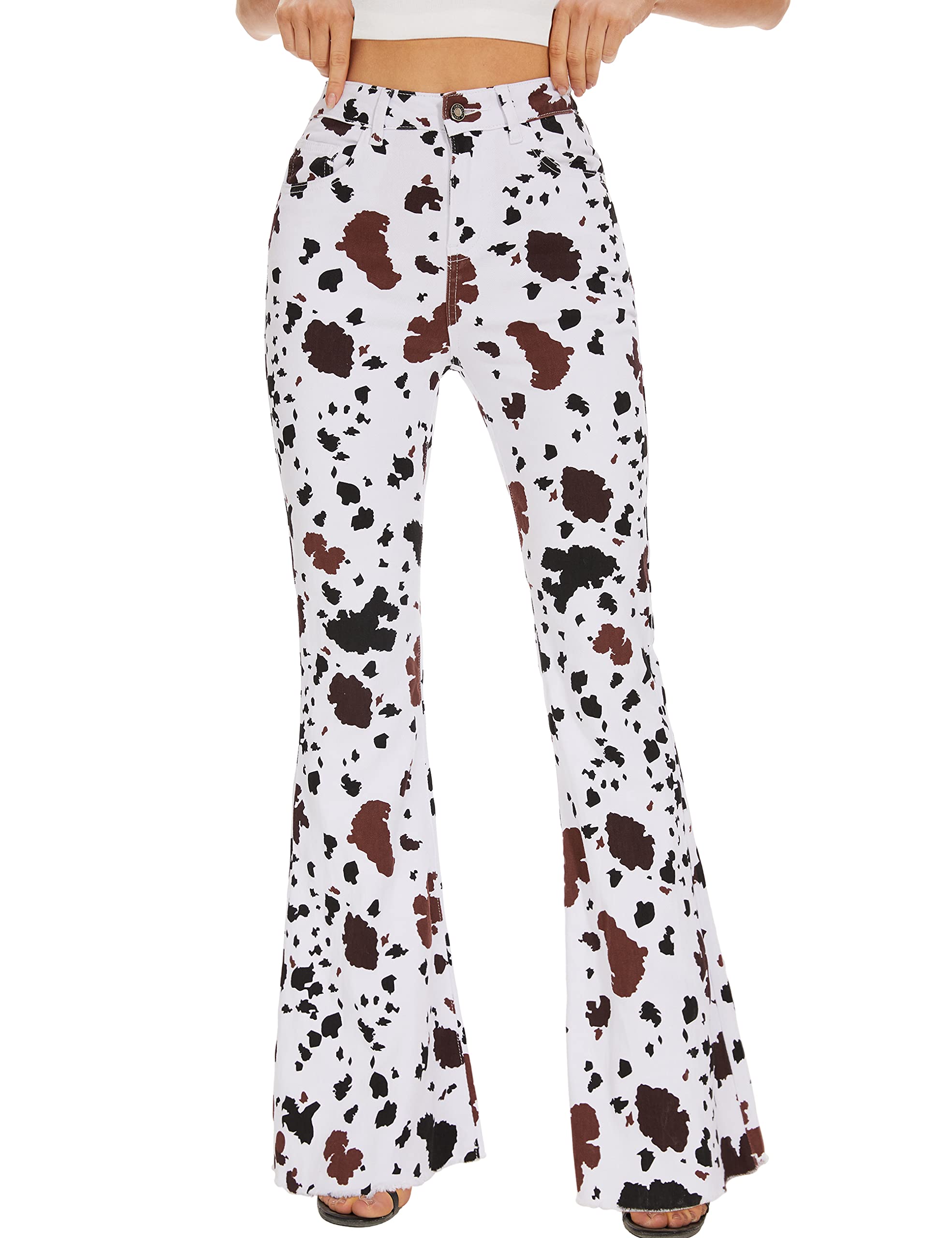Zhangyan Womens Cow Flare Jeans Stretch High Waisted Button Bellbottoms Pants Hem Fray(cow,2)