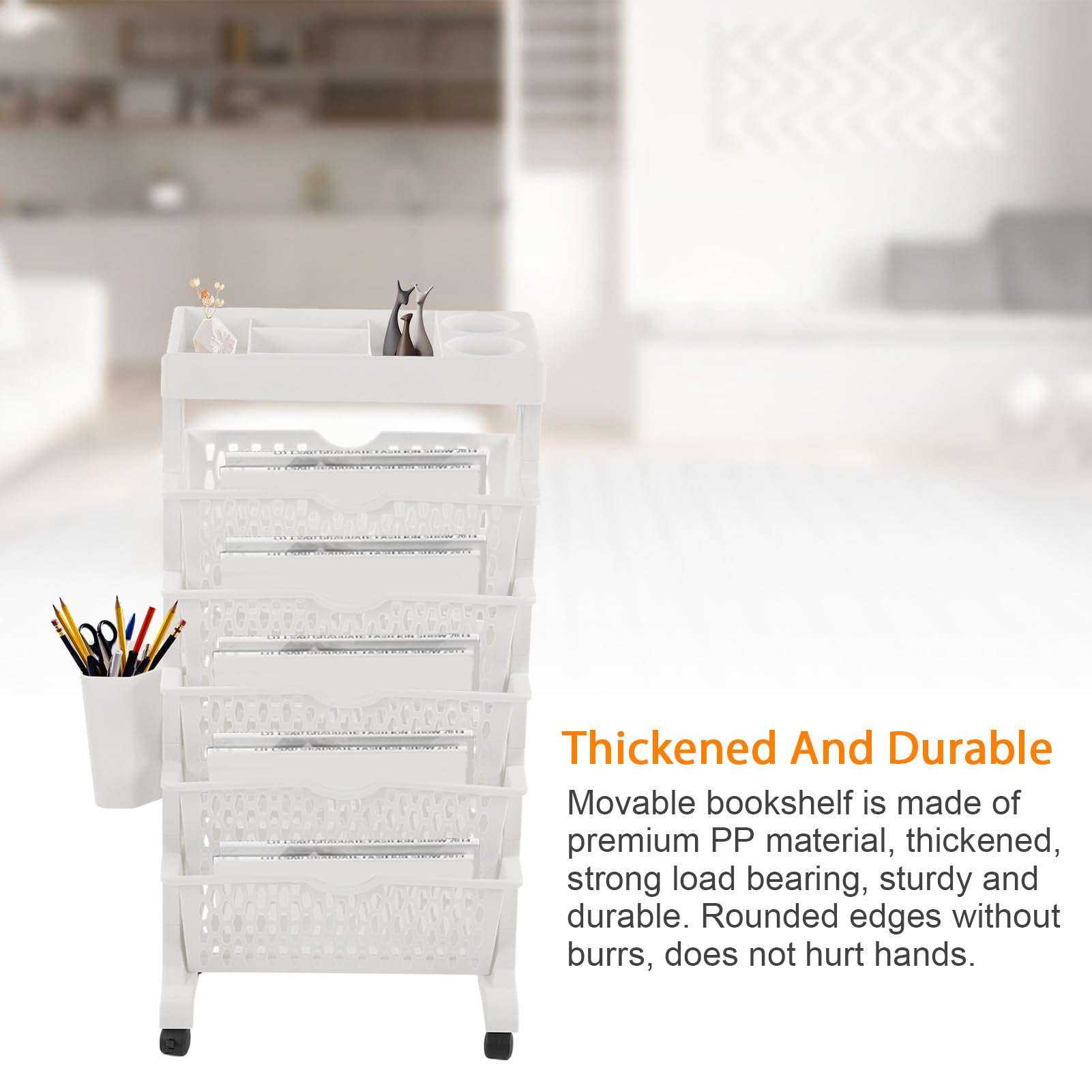 VBESTLIFE 6 Tier Rolling Utility Cart, Mobile Storage Bookshelf with Universal Wheel, Movable Storage Book Shelves for Office Kitchen Classroom (White)