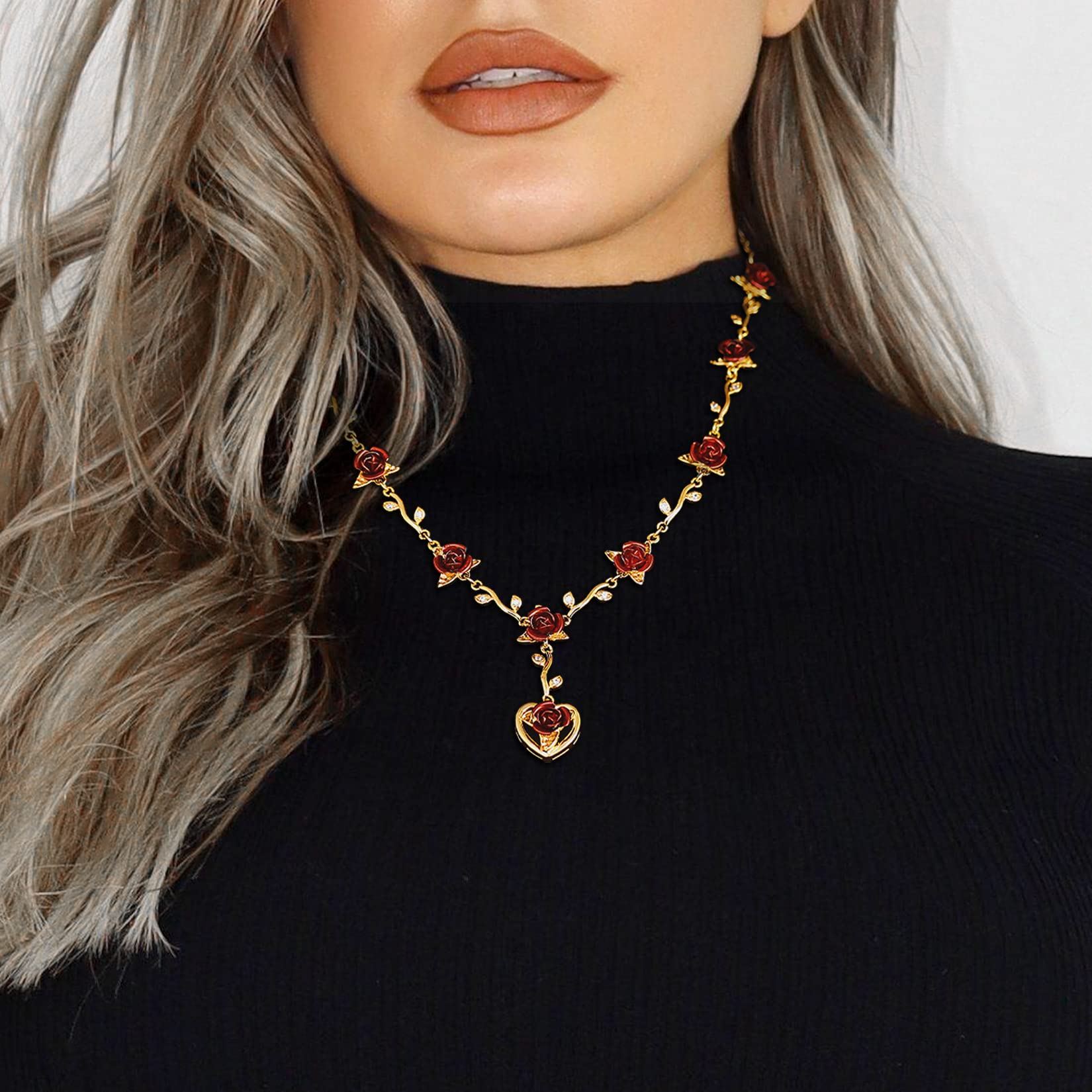 U7 Beautiful Rose Necklace 18K Gold Plated Dozen Flower Link Chain Necklace Choker Collar, Y Necklace for Women, Lover Gift