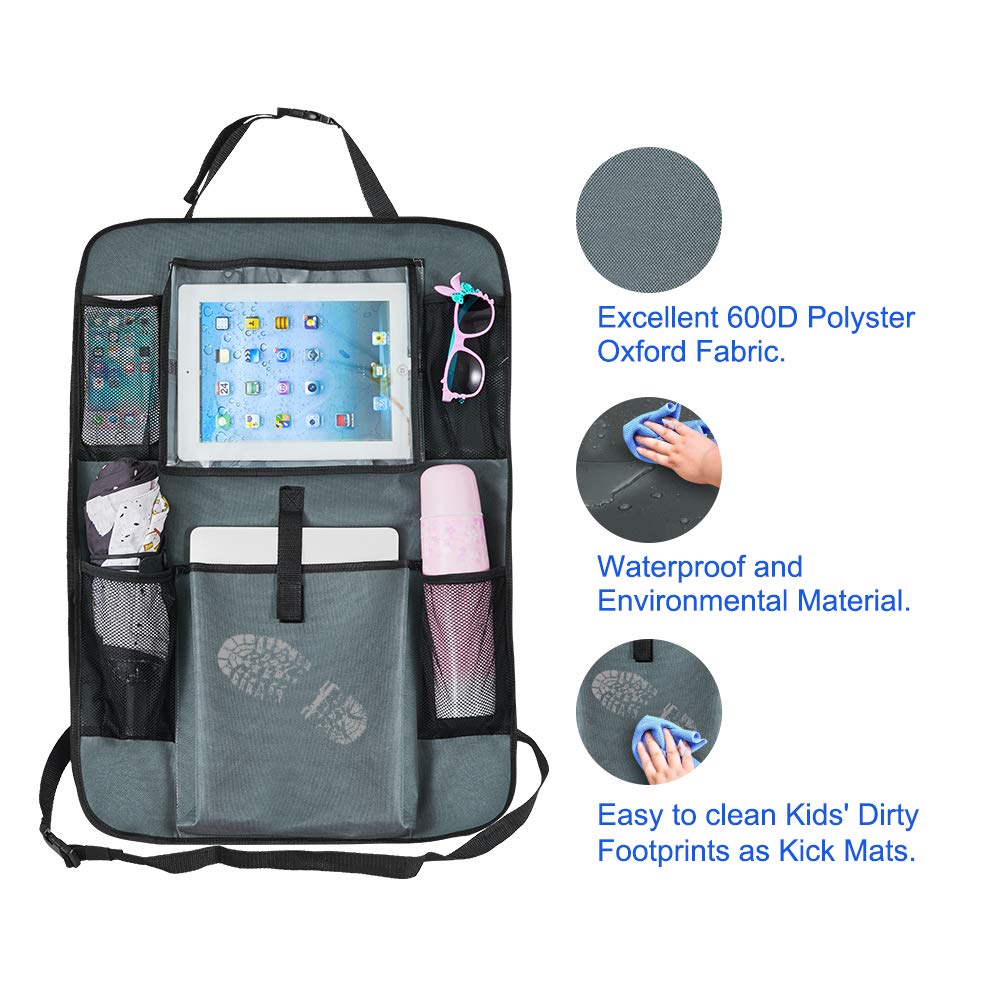 Vondertech Backseat Car Organizer, Car seat Protector Kids Kick Mats Storage Bag fit for 10" IPad +5 Pockets for Baby Auto Travel (Gray 1 Pack)