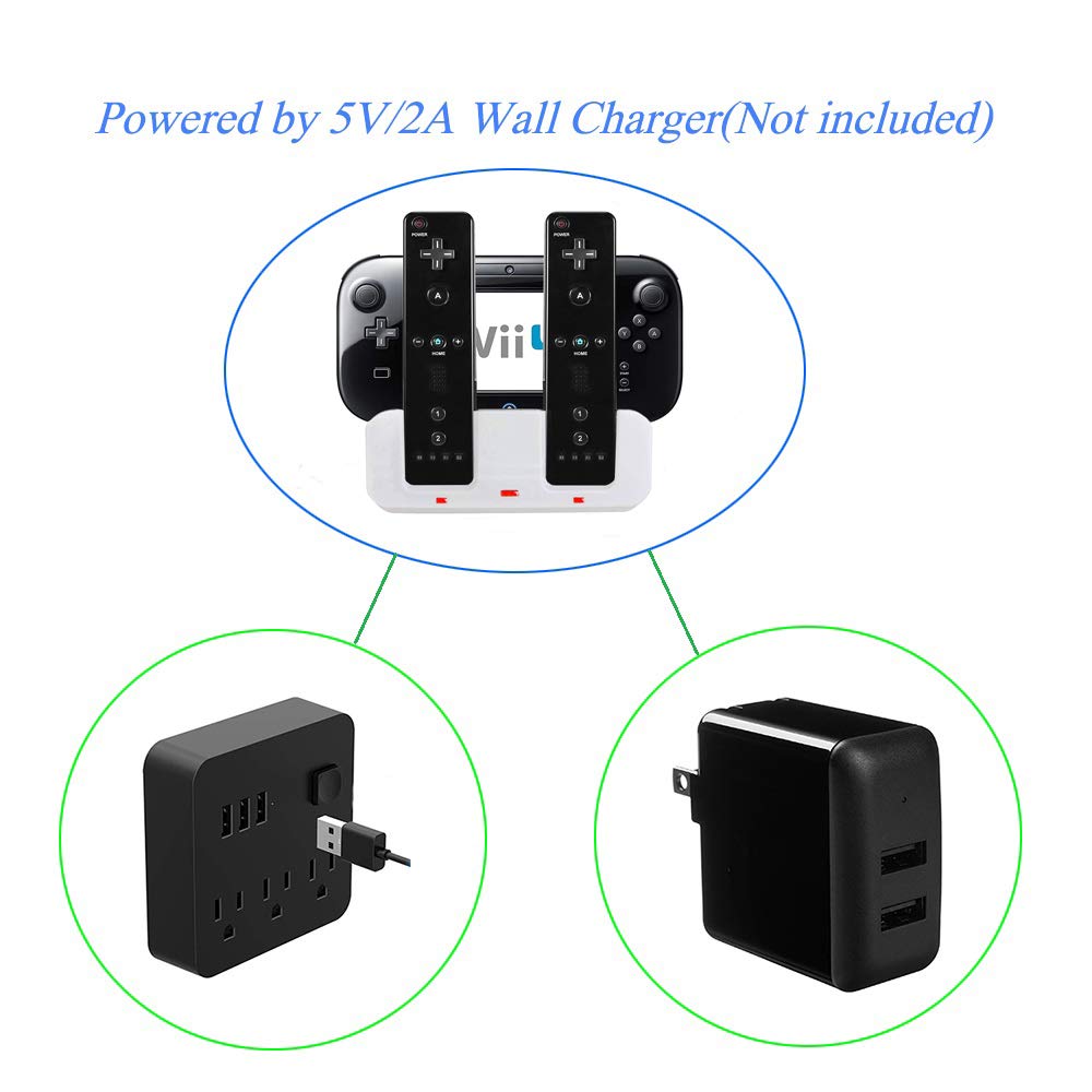 Wii U Charger Dock Station for Wii Remote & Wii U Gamepad with 2 Rechargeable Batteries Charging Cable Led Indicator -White