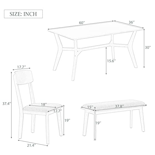 ZHYH 6 Piece Dining Set Medieval Style Wooden Dining Table and Fabric Chairs with Bench Grey + Beige