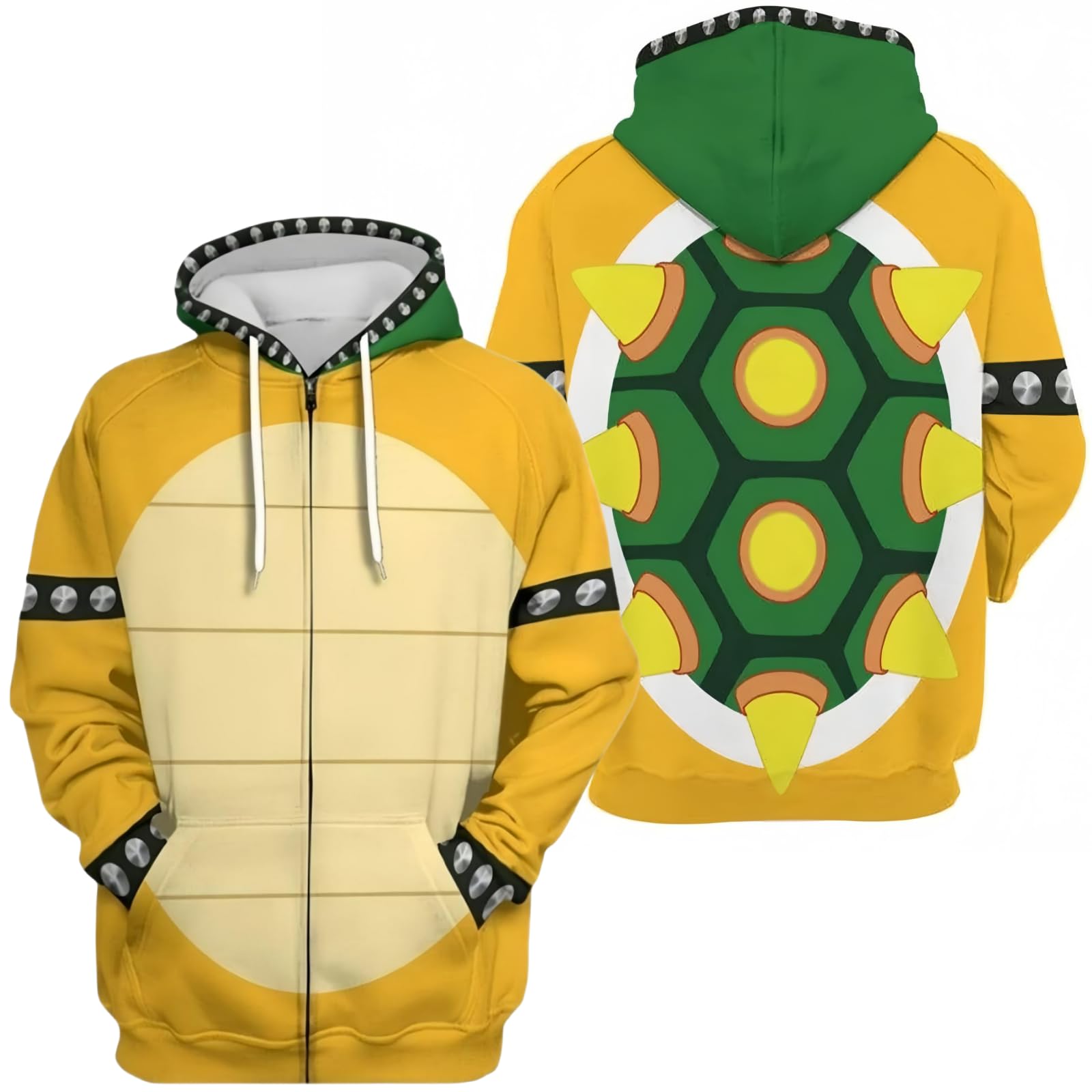 Vueamei Bowser cosplay costume hoodie,Adult 3D printed full zip hoodie (US, Alpha, Small, Regular, Regular, yellow 1)
