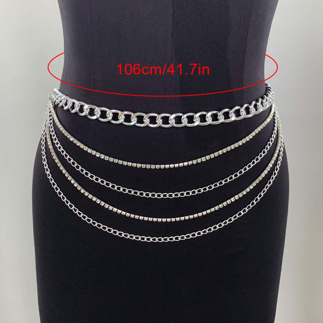 Reetan Sparkly Rhinestone Chain Belt Layered Boho Waist Chain Rave Belly Chain Nightclub Body Jewelry Accessories for Women (Silver)