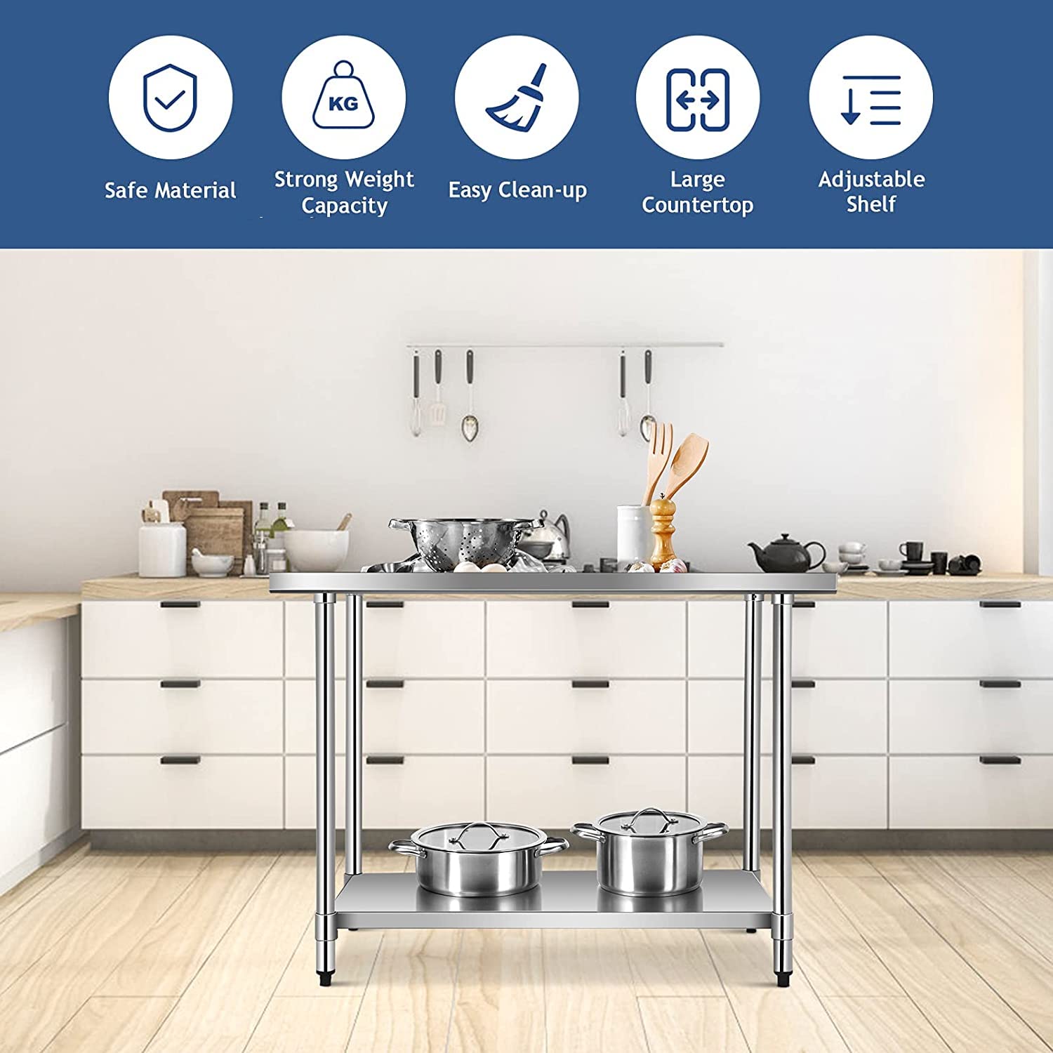 WATERJOY 48" x 30" Stainless Steel Table with Adjustable Shelf for Prep & Workstations Commercial Heavy Duty worktables