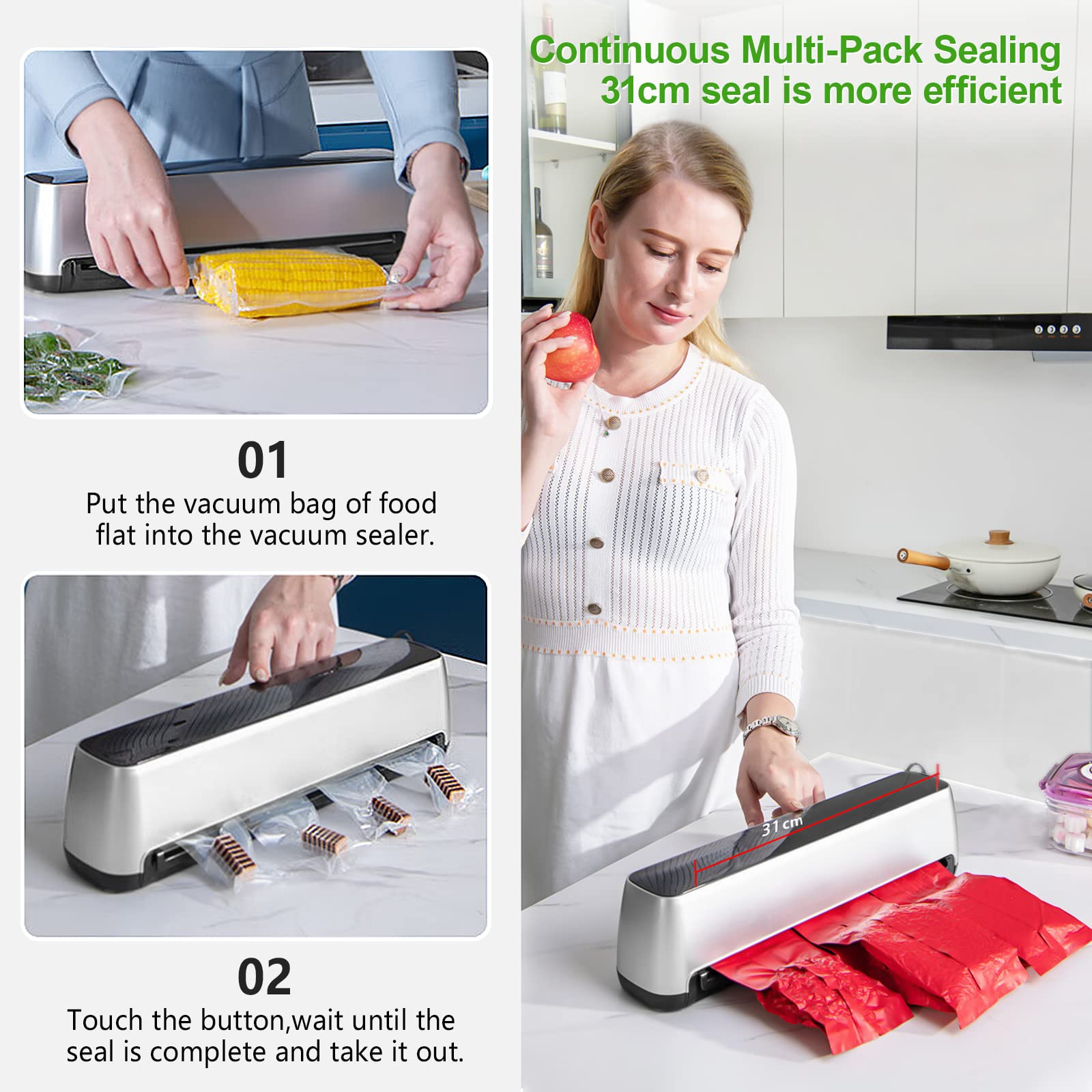 Vacuum Sealer Machine New Upgraded One-Touch Full Automatic Vacuum Sealer with LED Touch Screen Indicator Lights,Air Sealing System for Food Storage Dry/Moist Modes with 15 Seal Bags and 1 Hose.