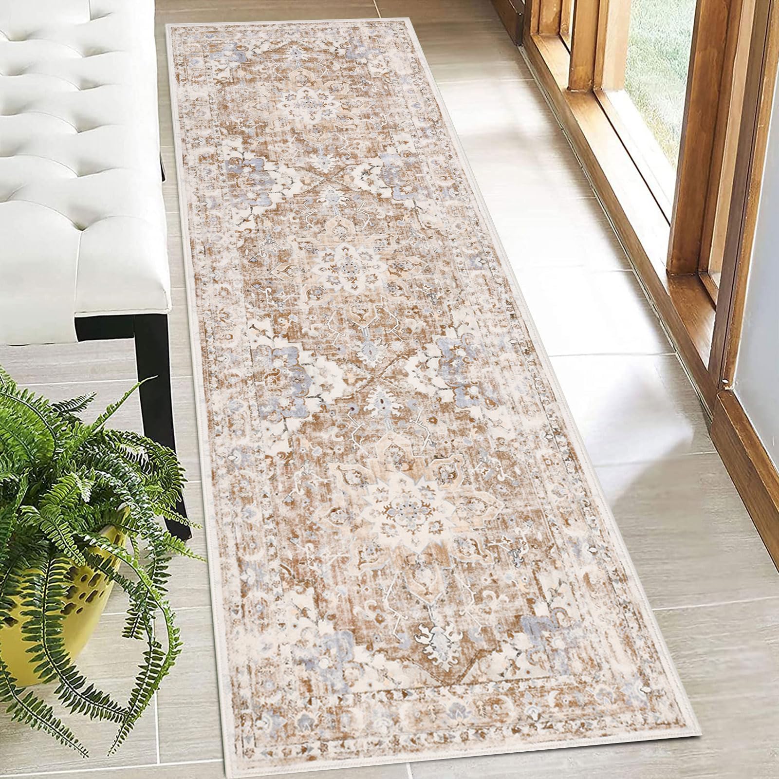 U'Artlines Boho Round Area Rug, 4ft Non Slip Washable Throw Rug Carpet, Low Profile Circle Rug for Kitchen Bedroom Living Room Dining Room, Green