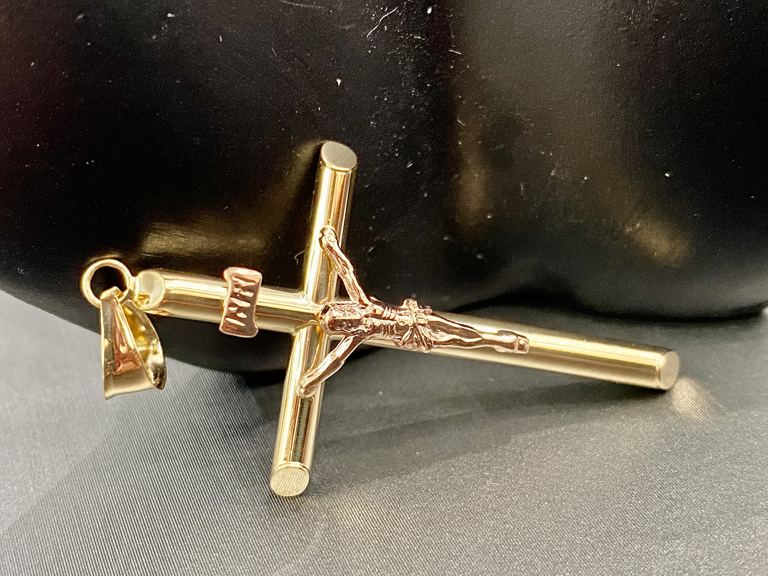 Solid 14K Yellow Rose Gold Crucifix Pendant - 38mm x 24mm Two Tone Jesus Cross Charm Religious Pendant - Suitable for Men & Women - Great Gift for Christmas & All Occasion