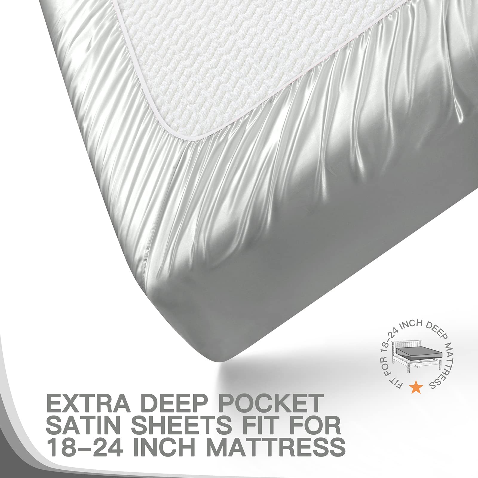 VACVELT 4pcs Extra Deep Pocket Satin Sheets Full Size Bed Set, Silver Grey Satin Sheet Set Fit 18-24 Inch Deep Pocket Mattress, Silky & Luxury Satin Bedding Set Soft & Ultra Deep Fitted Sheet Set