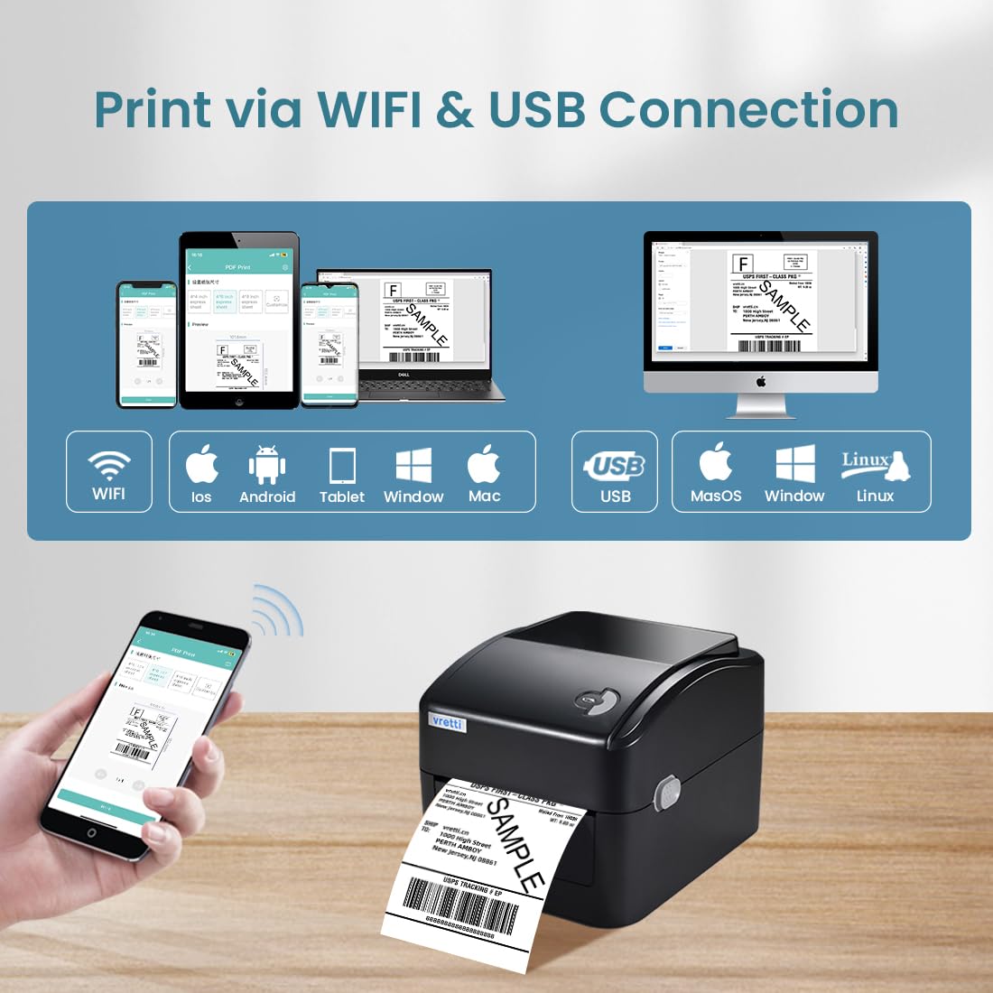 vretti Wi-Fi Thermal Label Printer, Wireless Shipping Label Printer for Small Business & Package, 4x6 Label Printer Compatible with Etsy, Ebay, Amazon, Shopify, USPS and More