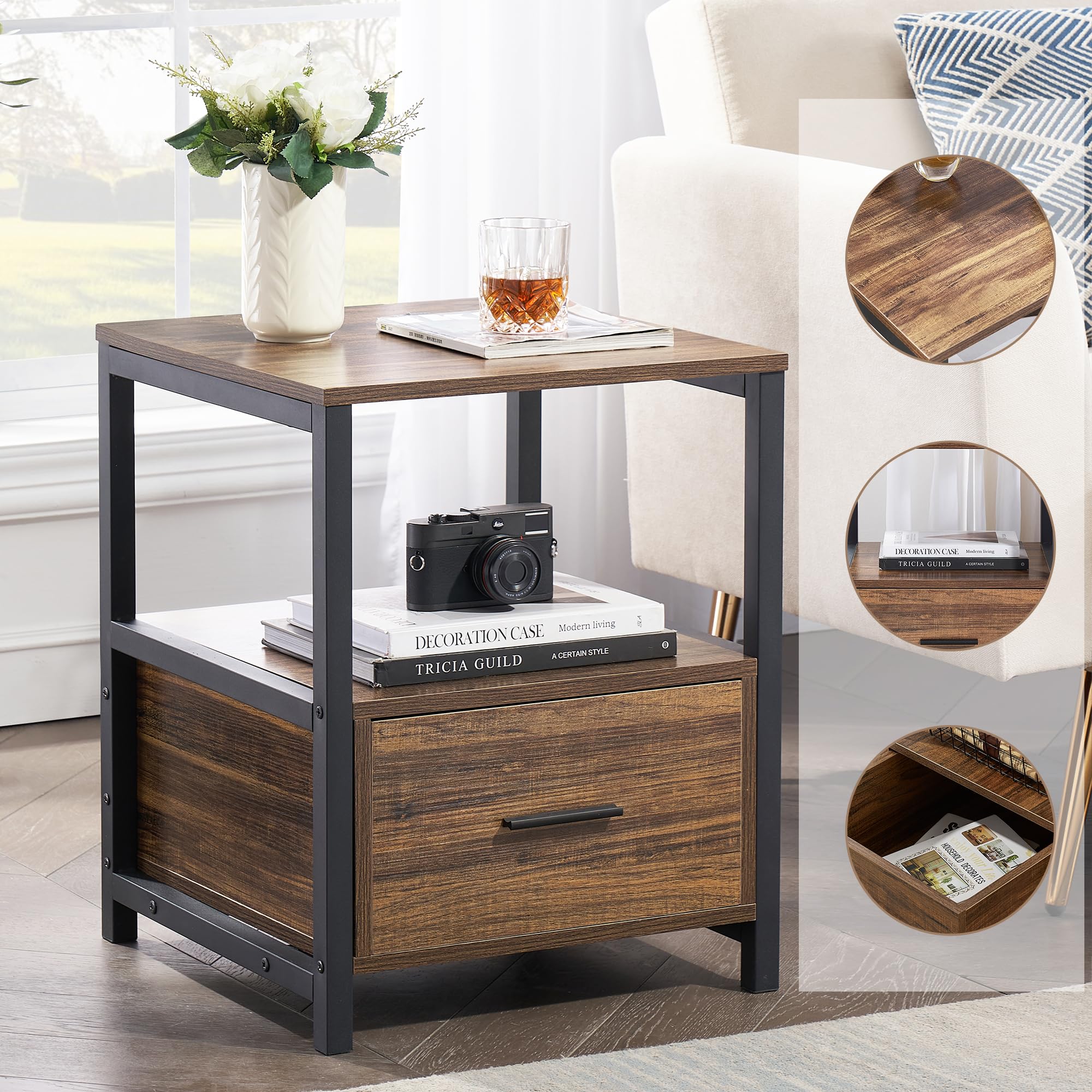 VECELO Nightstand Set of 2 with Wooden Storage Drawer Square Modern Bedside End Tables for Bedroom Living Room, Open Shelf, Industrial Metal Frame, Small Space, 2 Pack, Black