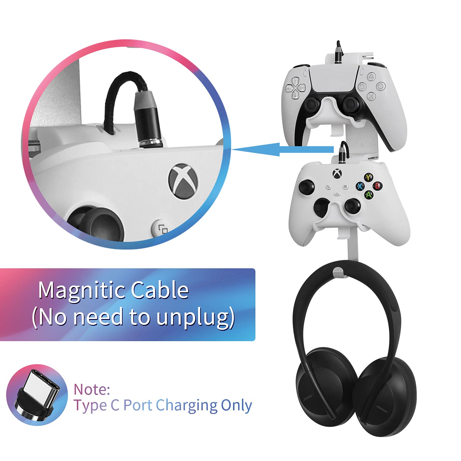 Xbox Controller Stand Hosanwell 4 in 1 Headphone Wall Mount Holder Bundle & Non-Slip Mat for PS5 Xbox Series S X Switch Pro Controller Universal Bracket Hanger with 2 Way USB-C Magnetic Charging Cable