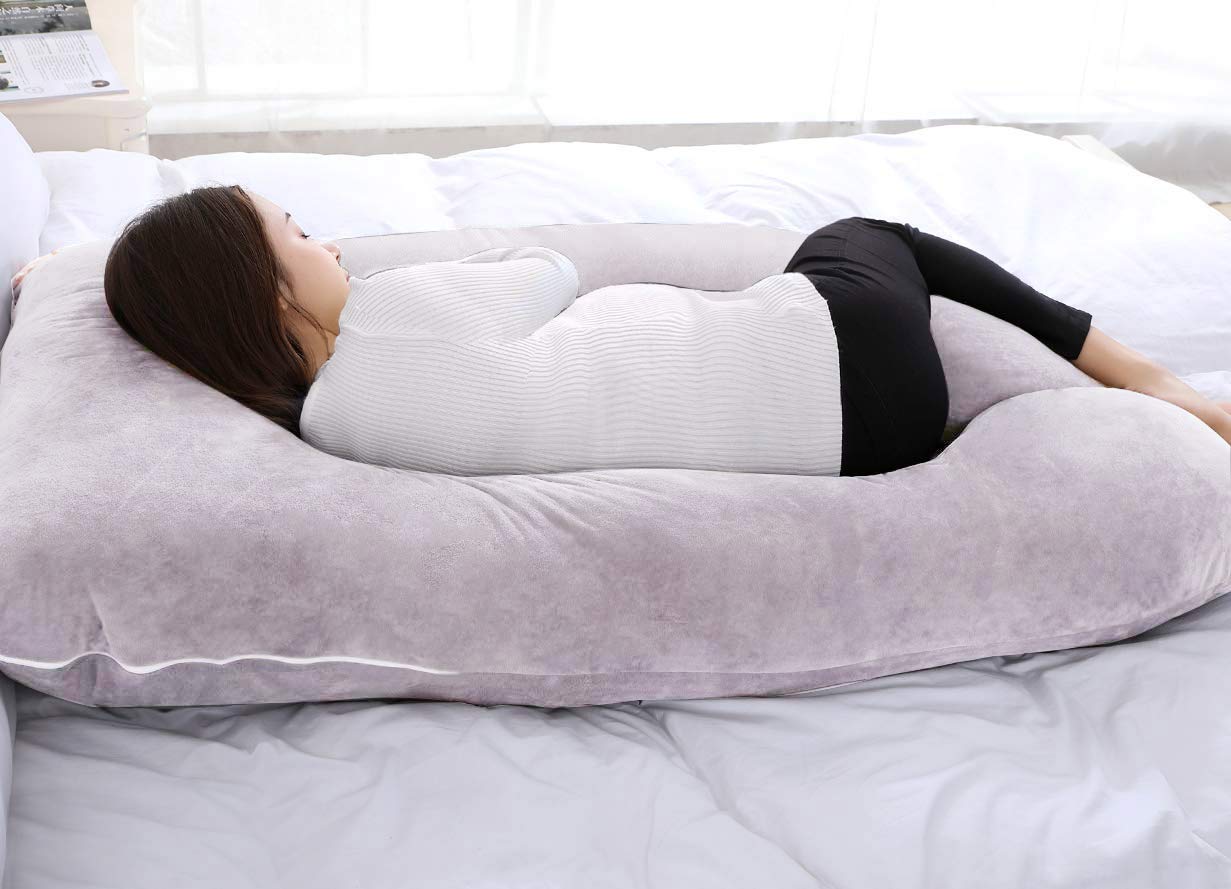 VECELO U-Shaped Pregnancy Full Maternity Pillow with Zipper Removable Cover, Body Pain Relief, Gray