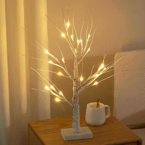 YEAHOME 2FT/24β Birch Tree Light with 24LT Warm White LEDs Battery Powered Timer for Christmas Decorations Indoor, Money Trees for Winter Wedding Desk Table Top Mantel Home Easter Decor