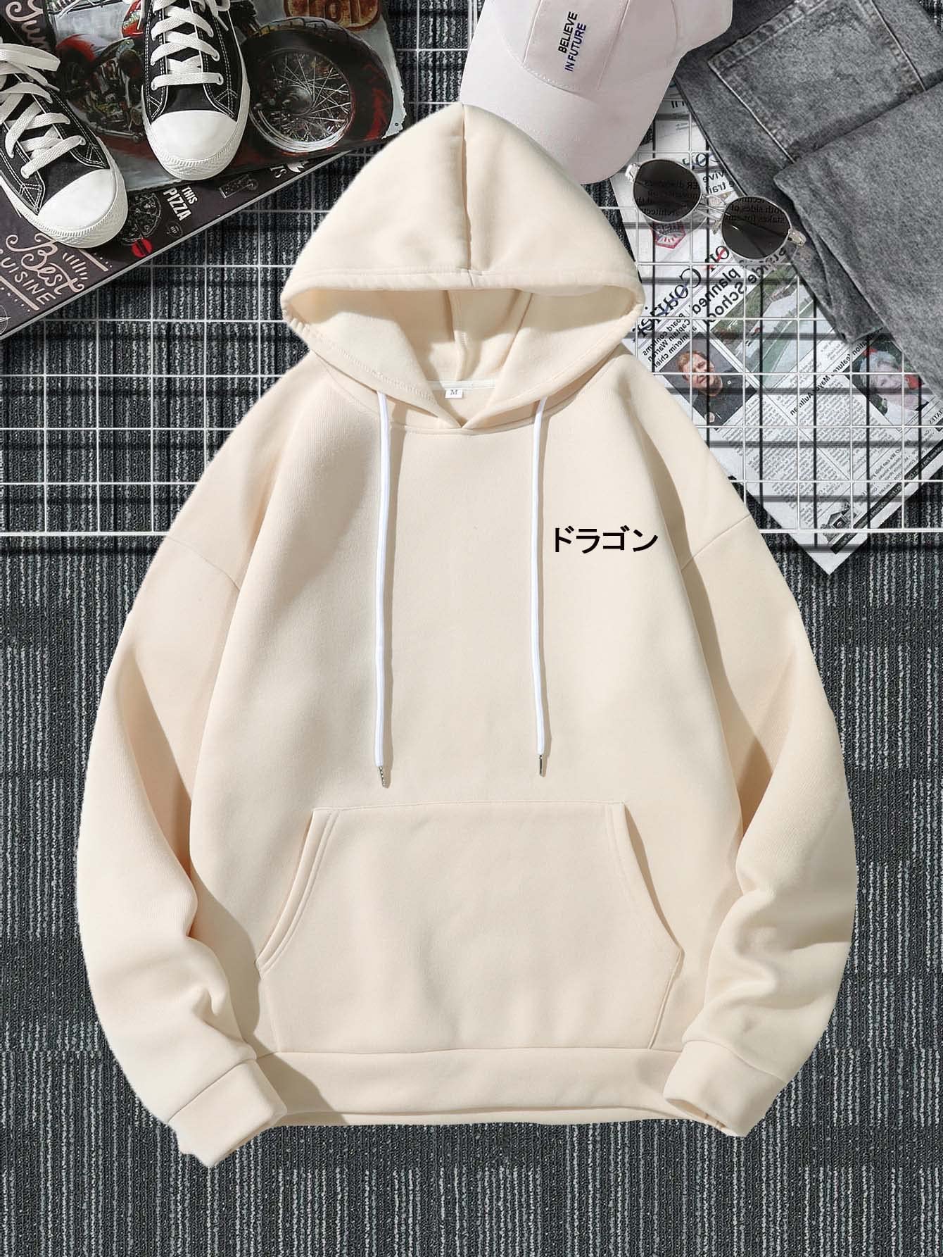 WDIRARA Men's Letter Floral Print Drawstring Long Sleeve Hoodie Casual Sweatshirt Khaki Dragon XL