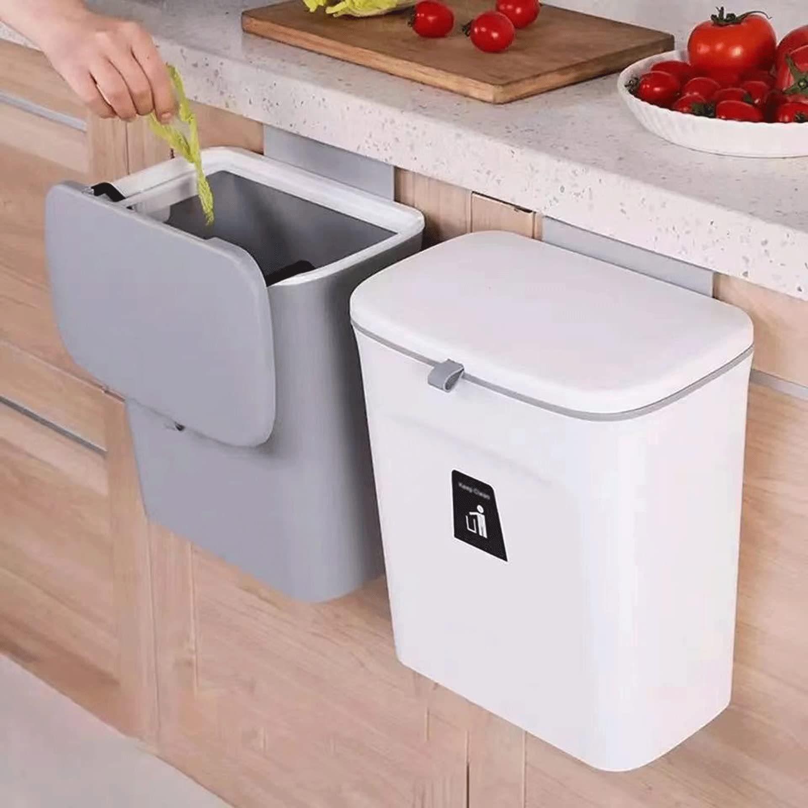 TURHAN Trashcan, 9L Wall Mounted Trash Can Bin with Lid Waste Bin Kitchen Cabinet Door Hanging Trash Bin Garbage Car Recycle Dustbin Rubbish