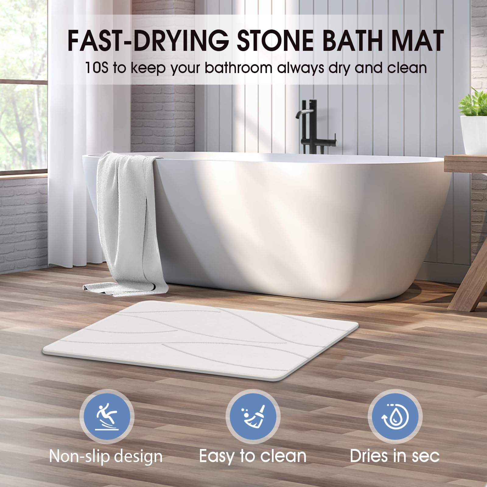 Veeloim Stone Bath Mat Diatomaceous Earth Shower Mat Non-Slip Super Absorbent Stone Bath Mats for Bathroom/Kitchen Counter Quick Drying Diatomite Bath Stone Mat Large Easy to Clean(23.6×15.4" White)