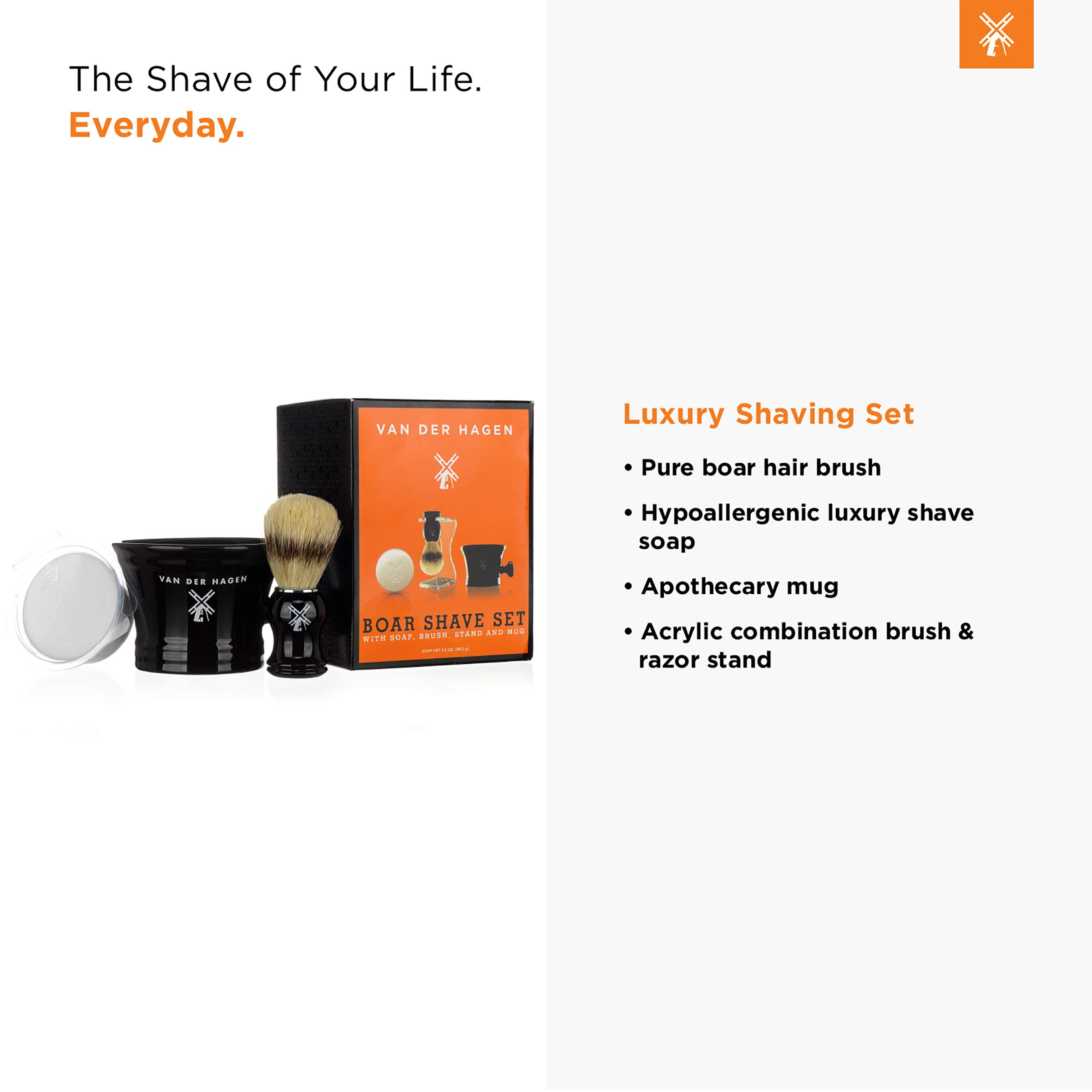 Van Der HagenĀ® Luxury Shaving Set - Total Men's Wet Shaving Kit w/Boar Bristle Brush, Scented Luxury Soap, Stand and Apothecary Mug