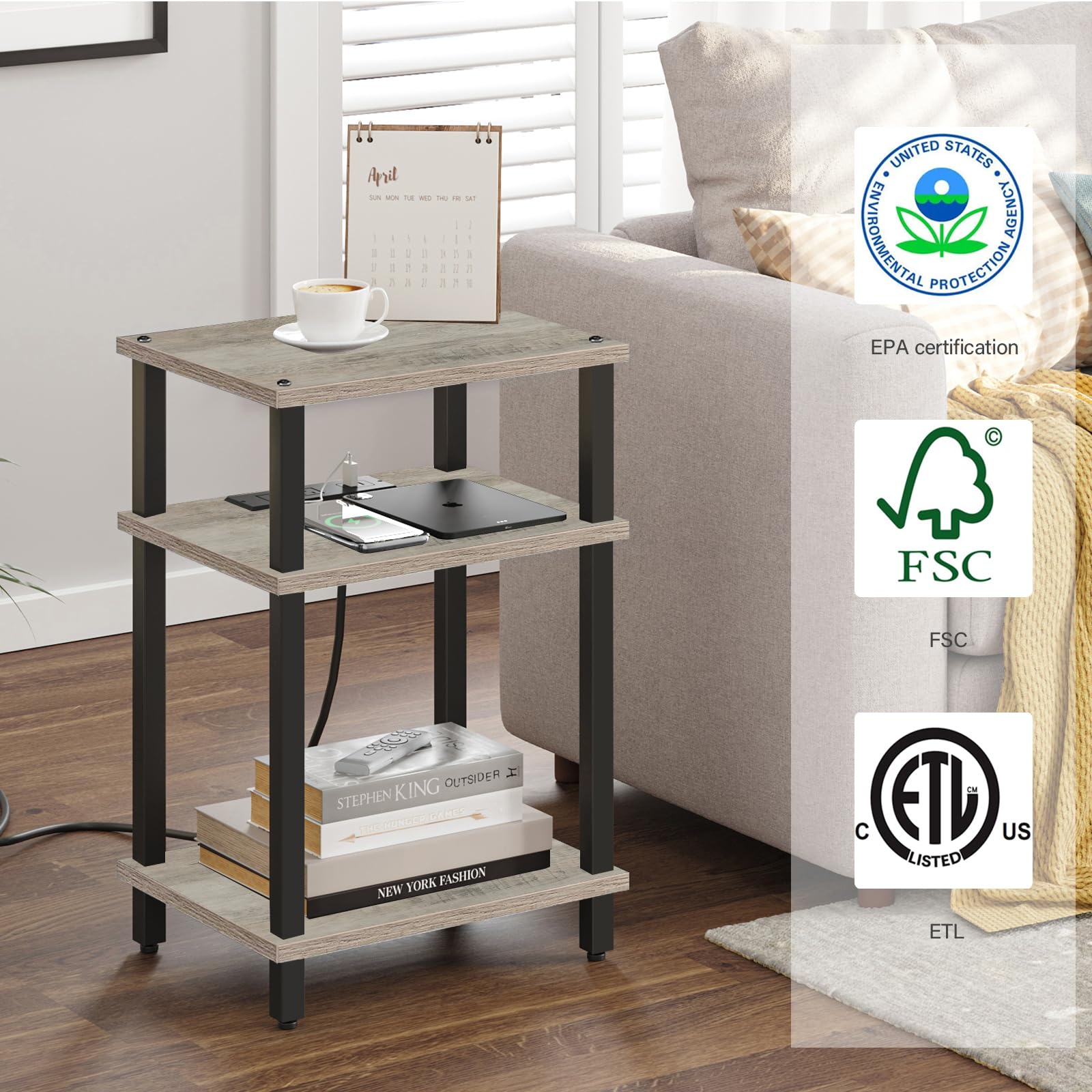 TUTOTAK Set of 2 End Table with Charging Station, Side Table with USB Ports and Outlets, Nightstand, 3-Tier Storage Shelf, Sofa Table for Small Space TB01BG0422