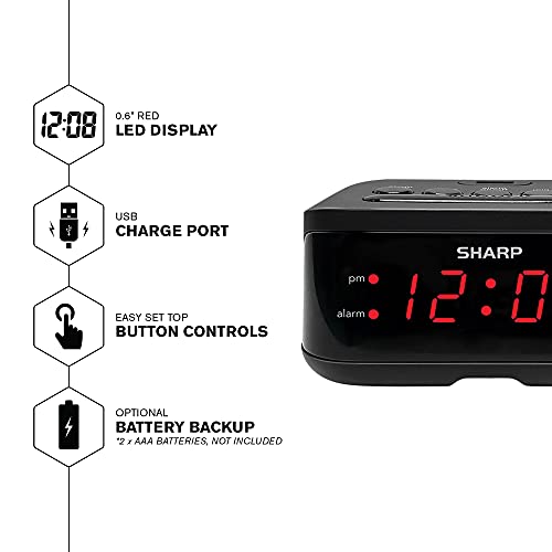 SHARP Digital Alarm Clock with USB Charge Port & Red LED Display