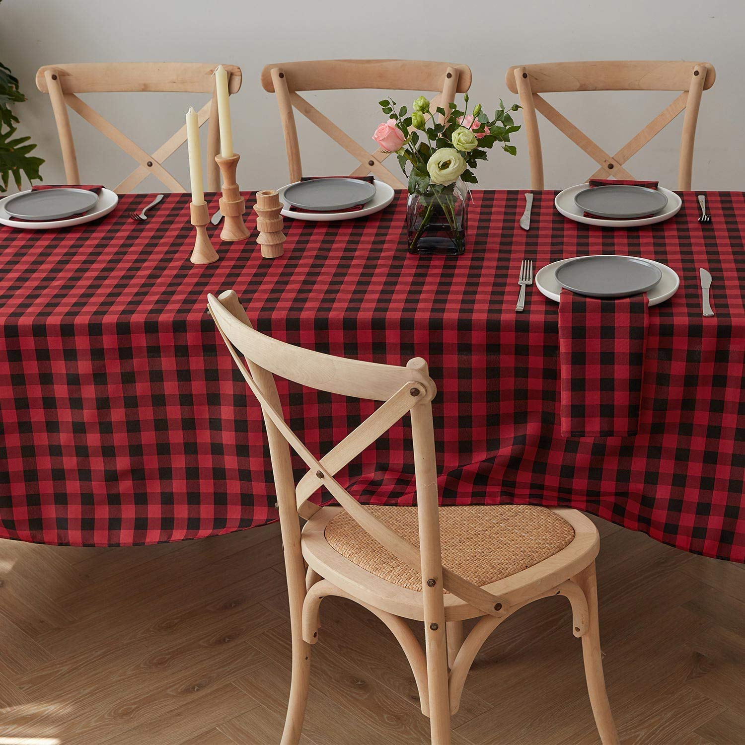 VEEYOO Waterproof Checkered Tablecloth - 70 inch Round Tablecloth, Polyester Stain Resistant and Spillproof Table Cloth for Wedding Picnic,Party, Dinner (White & Red Tablecloth)