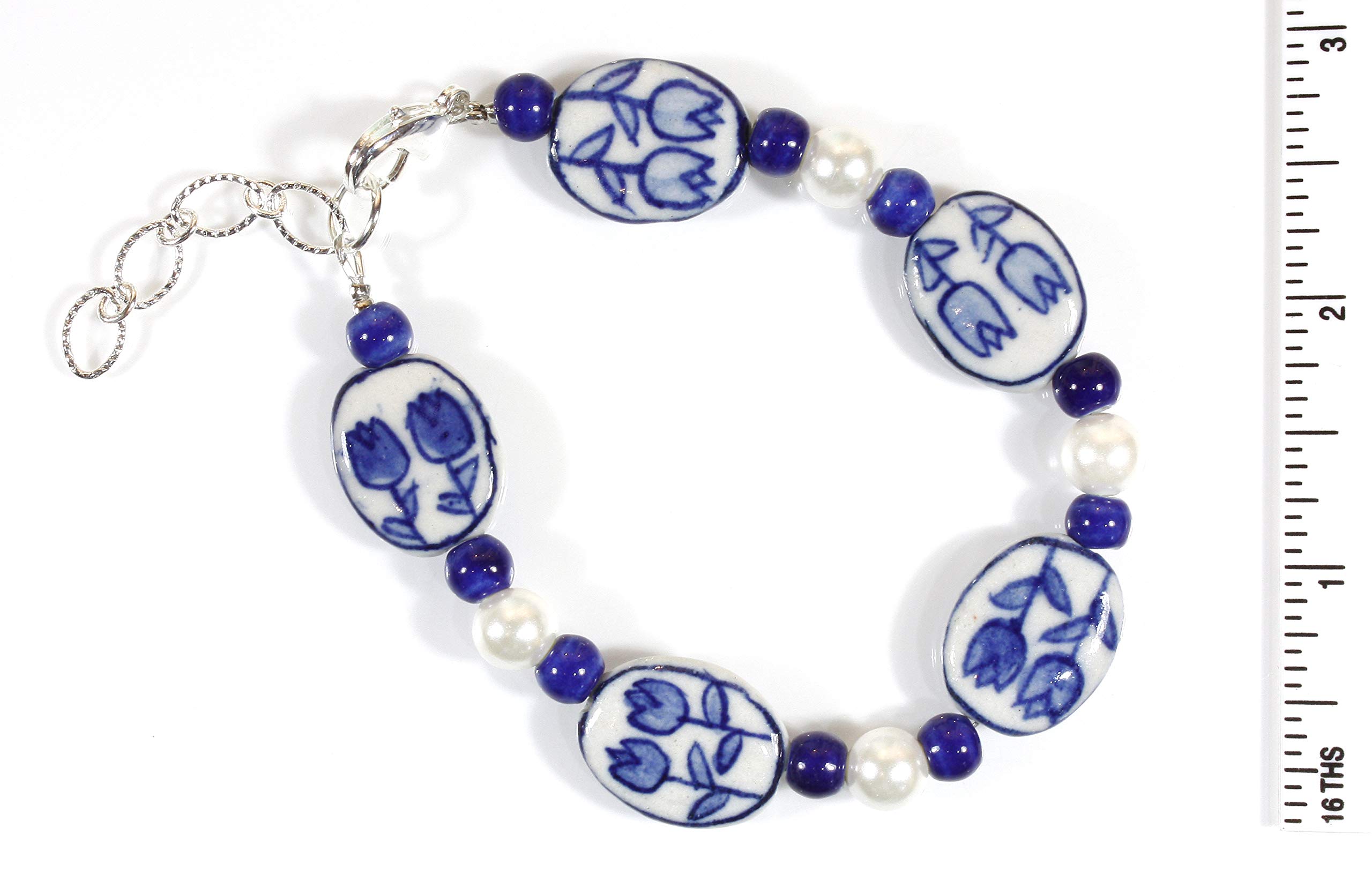 Style ARThouse Tulip Time Dutch Blue Delft Porcelain Bracelet, 8.5 Inches Large