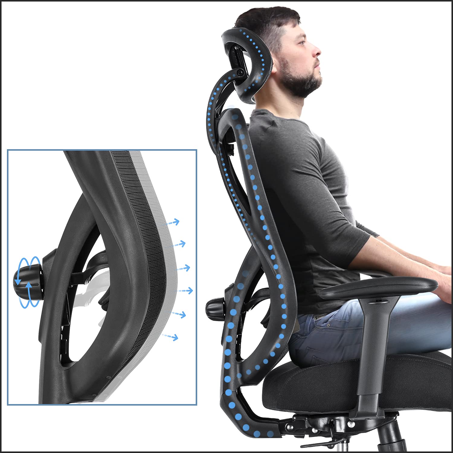 SUNNOW Ergonomic Office Chair, Mesh Computer Chair with Adjustable Lumbar Support & Thick Seat Cushion, Adjustable Headrest & Armrest, 135°Reclining, Swivel Executive Task Chair for Office, Work