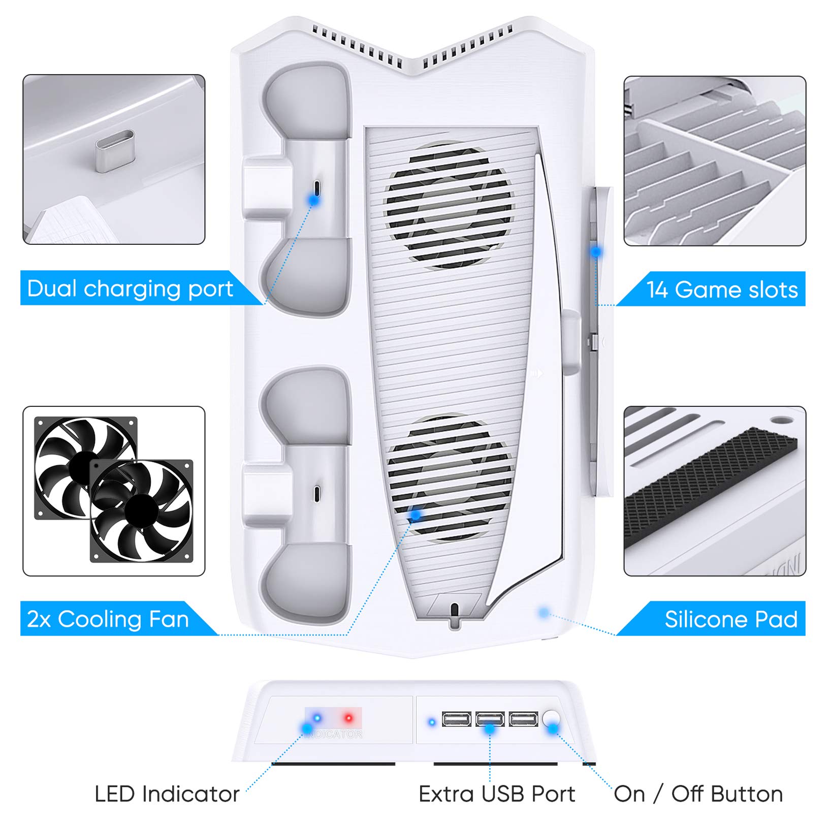 YUANHOT Vertical Cooling Stand Compatible with PS5 Console, Charging Station Dock with Controller Charger Ports and Retractable Game Storage - White