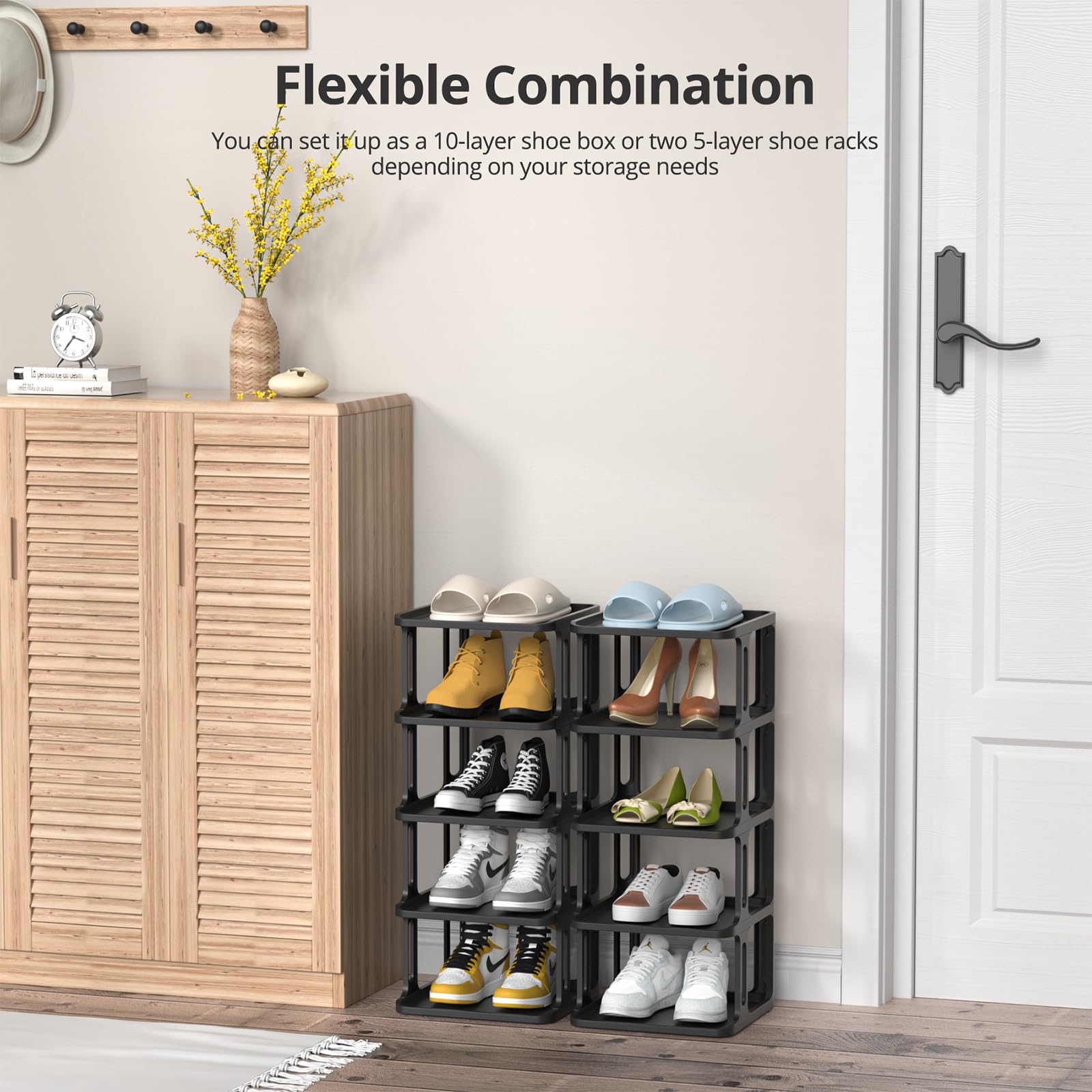 ZOINLIY 6 Tiers Shoe Rack for Closet Entryway, Narrow Vertical Shoe Organizer for Small Spaces, Black Stackable Shoe Cubby, Shoe Storage Tower, 10.55" D x 10.55" W x 31.49" H