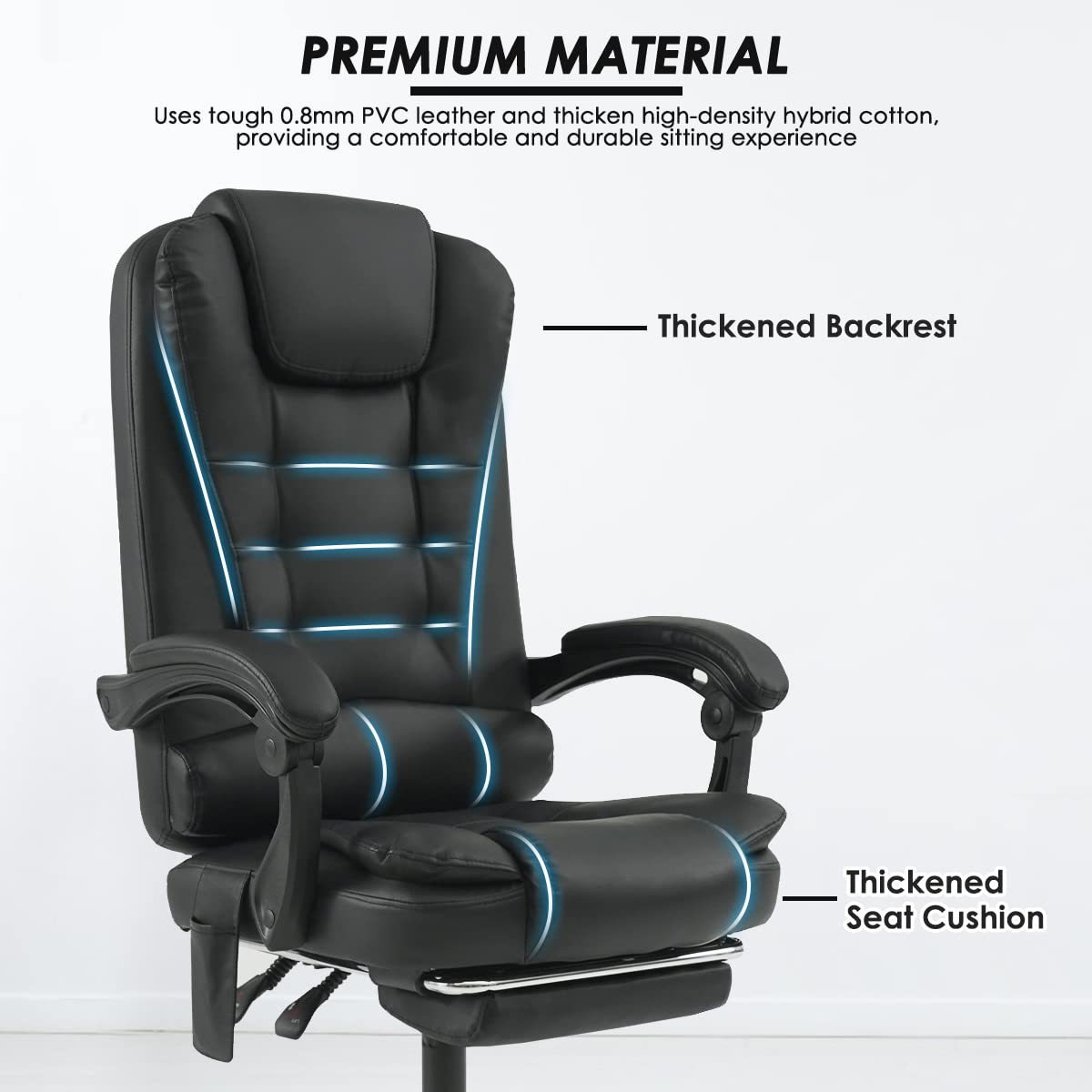 VANSPACE Executive Massage Office Chair with Footrest Reclining Home Office Chair Soft Leather High Back Computer Desk Chair with Lumbar Support Adjustable Armrest Black