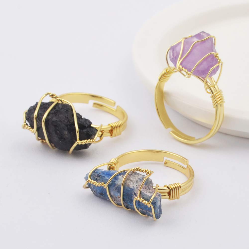 ZENGORI Irregular Natural Stone Healing Crystal Black Tourmaline Wire Wrapped Adjustable Ring WX1796-BK