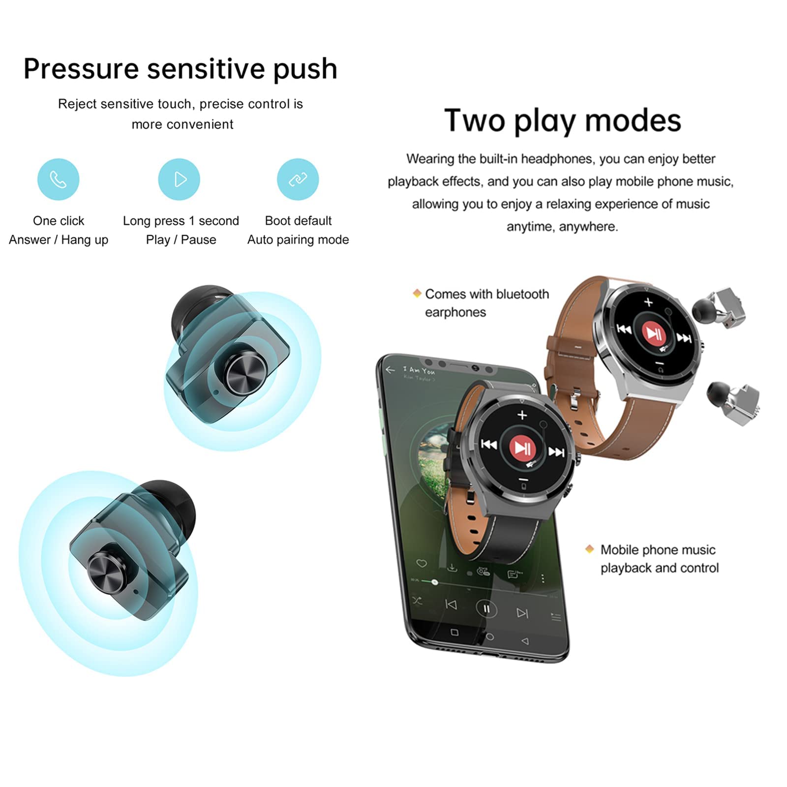 Tuanzi JM08 2 in 1 Smart Watch with Earbuds 1.28" Smartwatch TWS HiFi Stereo Wireless Headset Combo Bluetooth Phone Call for Android iOS (Silver Silicone)