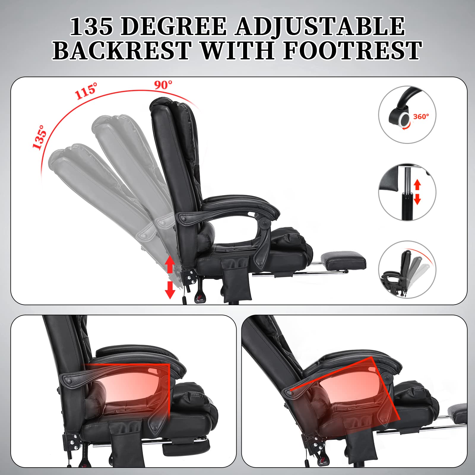 VANSPACE Executive Office Chair with Massage and Footrest Reclining Office Chair Soft Leather High Back Computer Desk Chair with Lumbar Support Padded Armrest for Home Office