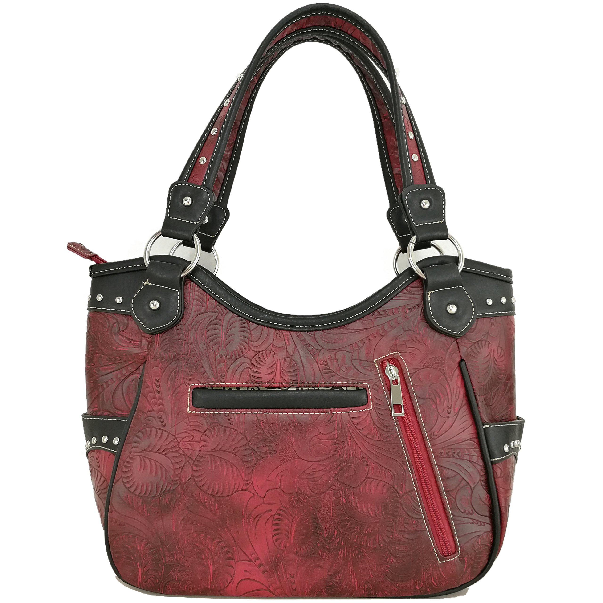 Western Rhinestone Cross Laser Cut Wings Tote Concealed Carry Purse Handbag Women Shoulder Bag Wallet Set (Red Set)