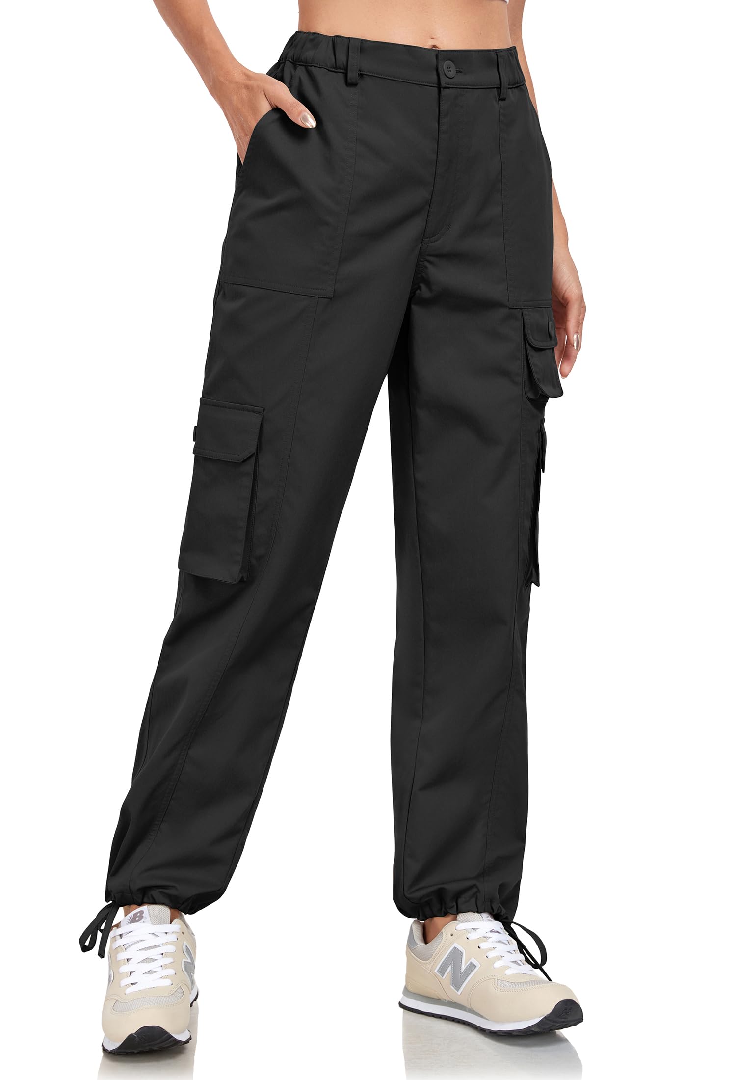 VEOBIKE Women’s Cargo Work Pants Elastic Waist Straight Leg Baggy Casual Hiking Pants Cotton Military Pants 7 Pockets Black