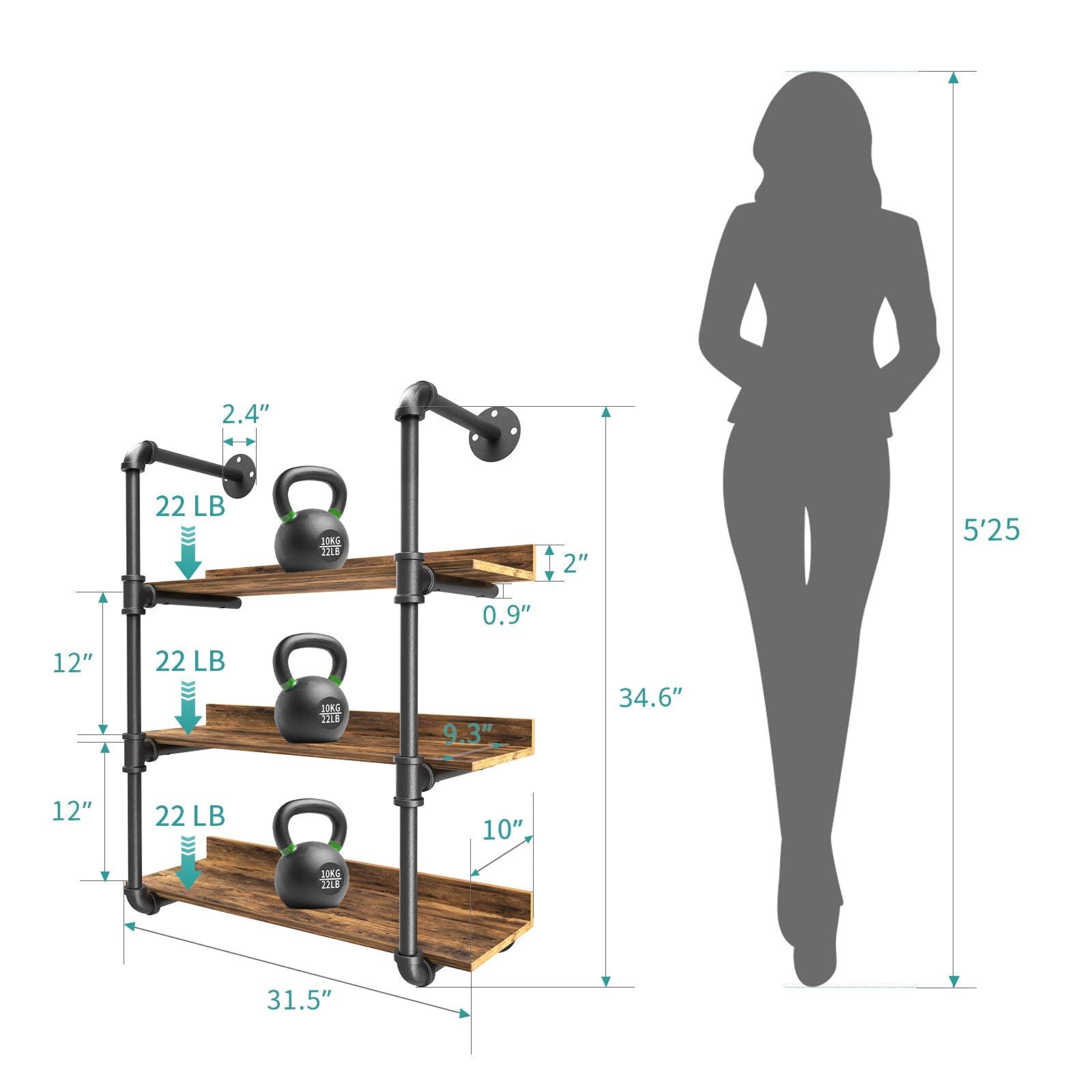 YITAHOME 3 Tier Pipe Shelves Wall Mounted Industrial Retro Iron Shelf Pipe with Hanging Bracket, DIY Storage Shelves, Kitchen Shelves, Office Shelves, Bookshelves and Bookcases - Rustic Brown