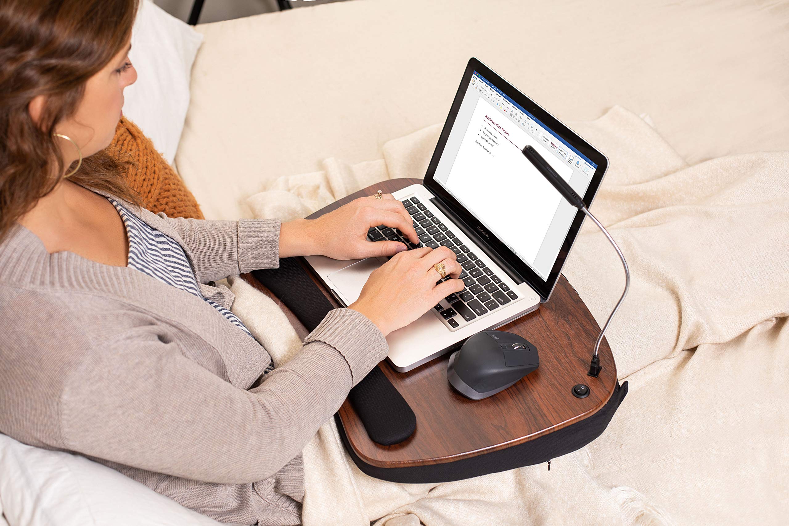 Sofia Sam Oversized Wood Top Memory Foam Lap Desk with Detachable USB Light and Tablet Slot (Black) Supports Laptops Up To 20 Inches