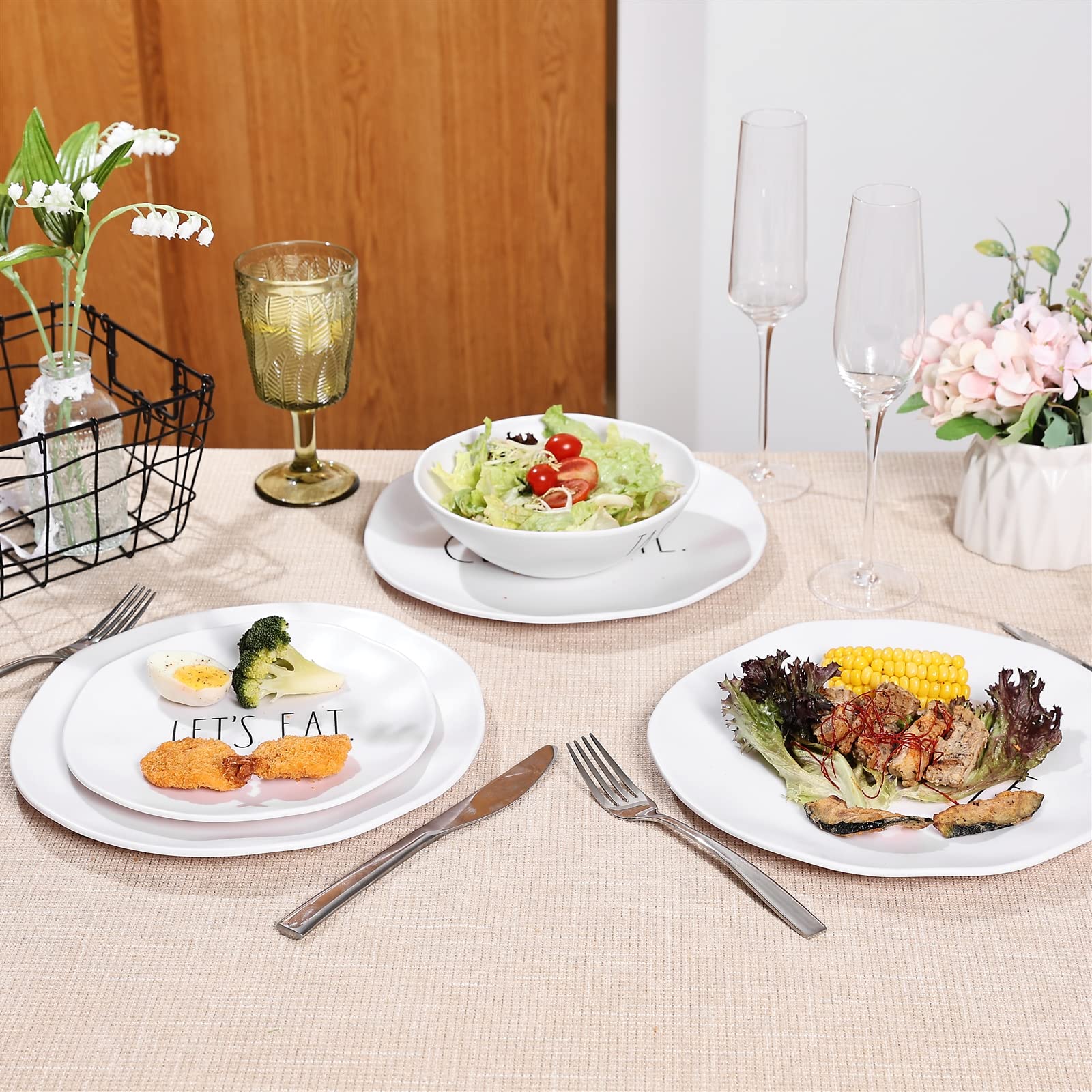 Yummost Melamine Dinnerware Sets, Plates and Bowls Set for 4, Perfect for Indoor and Outdoor Dining Party, Dishwasher Safe, LET'S EAT Word Print