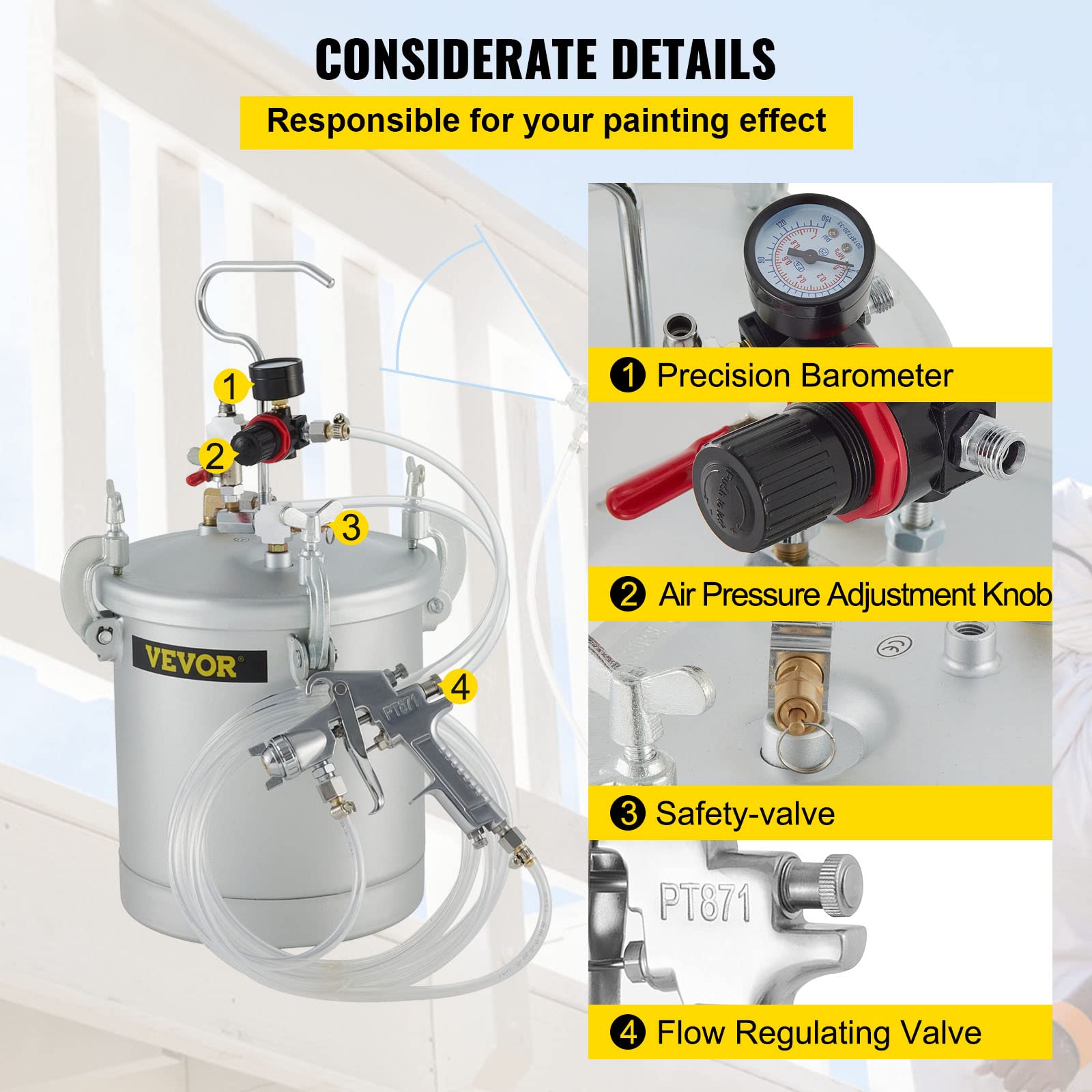 VEVOR Paint Tank 10L Pressure Pot Paint Sprayer 2.5 Gallon Pressure Spray Gun Regulator (10L 1.5mm)