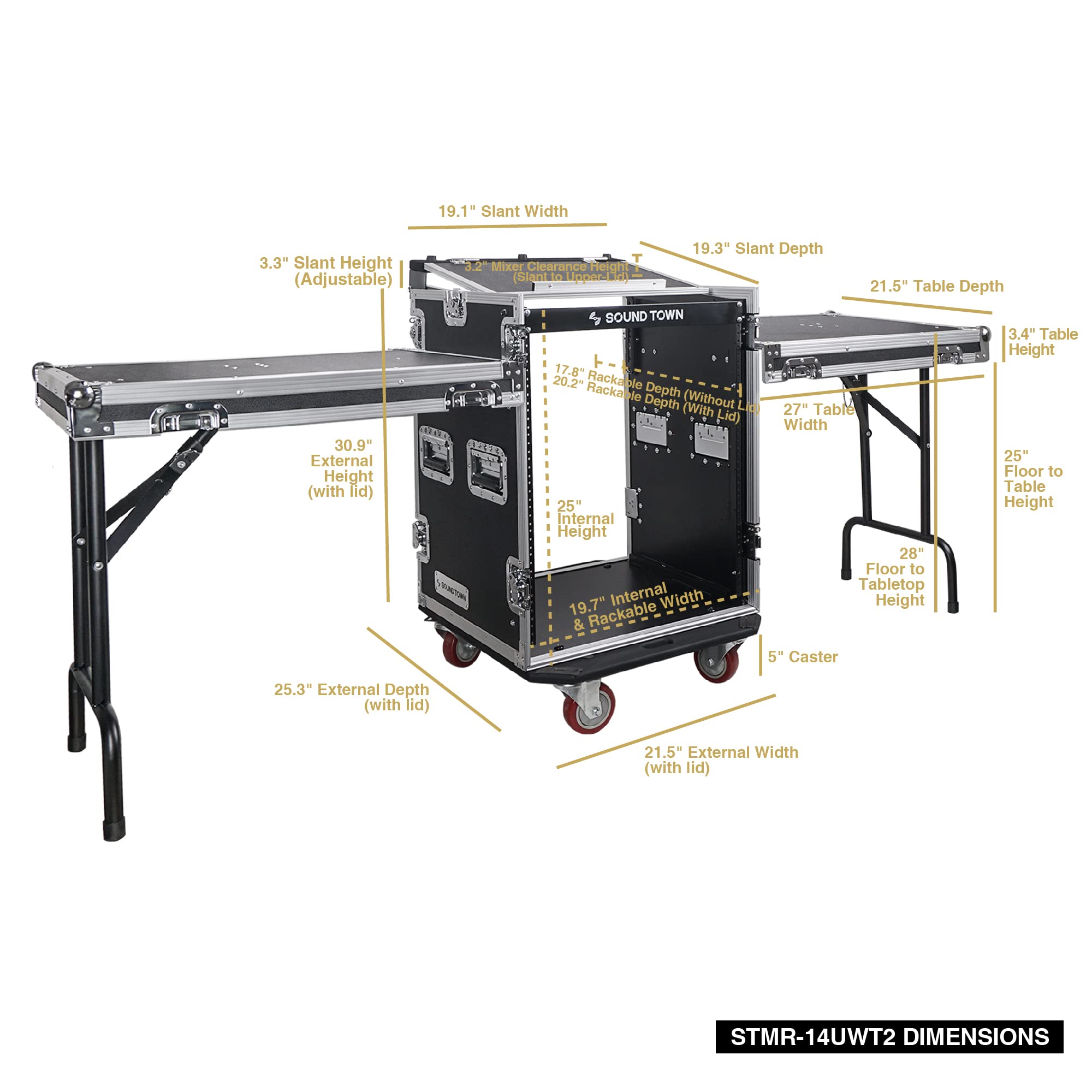 Sound Town 14U PA DJ Rack/Road ATA Case with 11U Slant Mixer Top, 20ββ Rackable Depth, 2 DJ Work Tables and Casters, 14-Space Size, Pro Tour Grade (STMR-14UWT2)